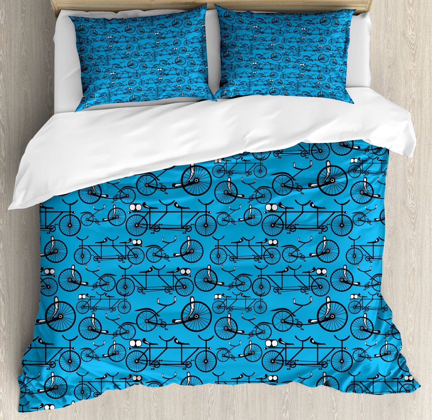 Bicycle Queen Size Duvet Cover Set, Antique Cartoon Style Bikes on Blue ...
