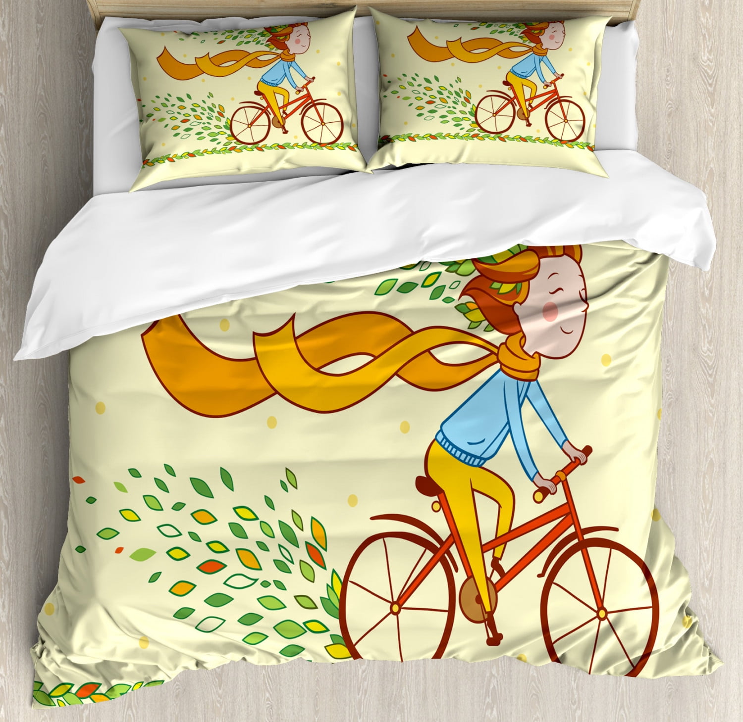 Bicycle Queen Size Duvet Cover Set, Girl Riding Bicycle in the ...