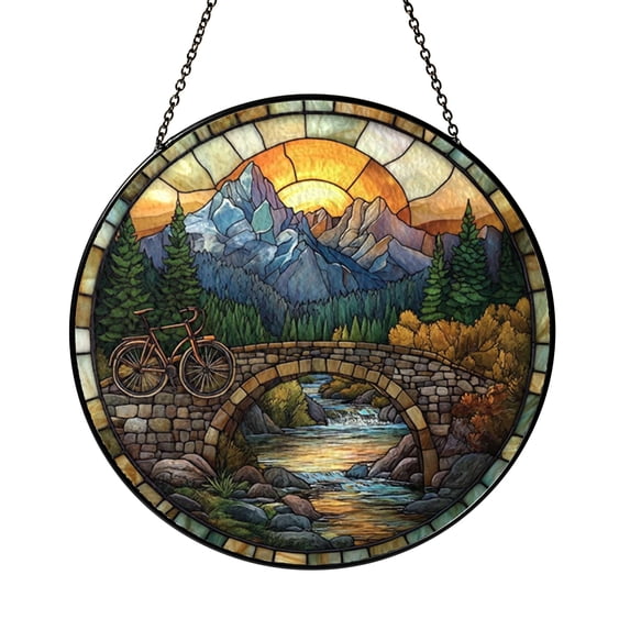 Bicycle Rider Glass Suncatcher for Window Decor, Mountain Trail Light ...