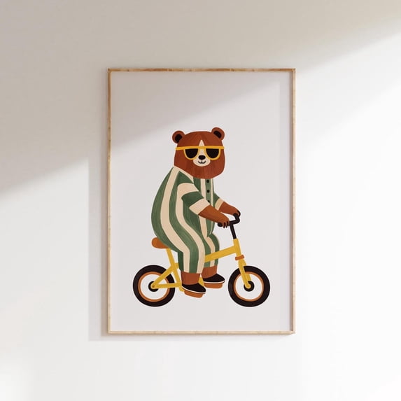 Bicycle Riding Bear Retro Print, Unframed Paper Poster 24x36in ...
