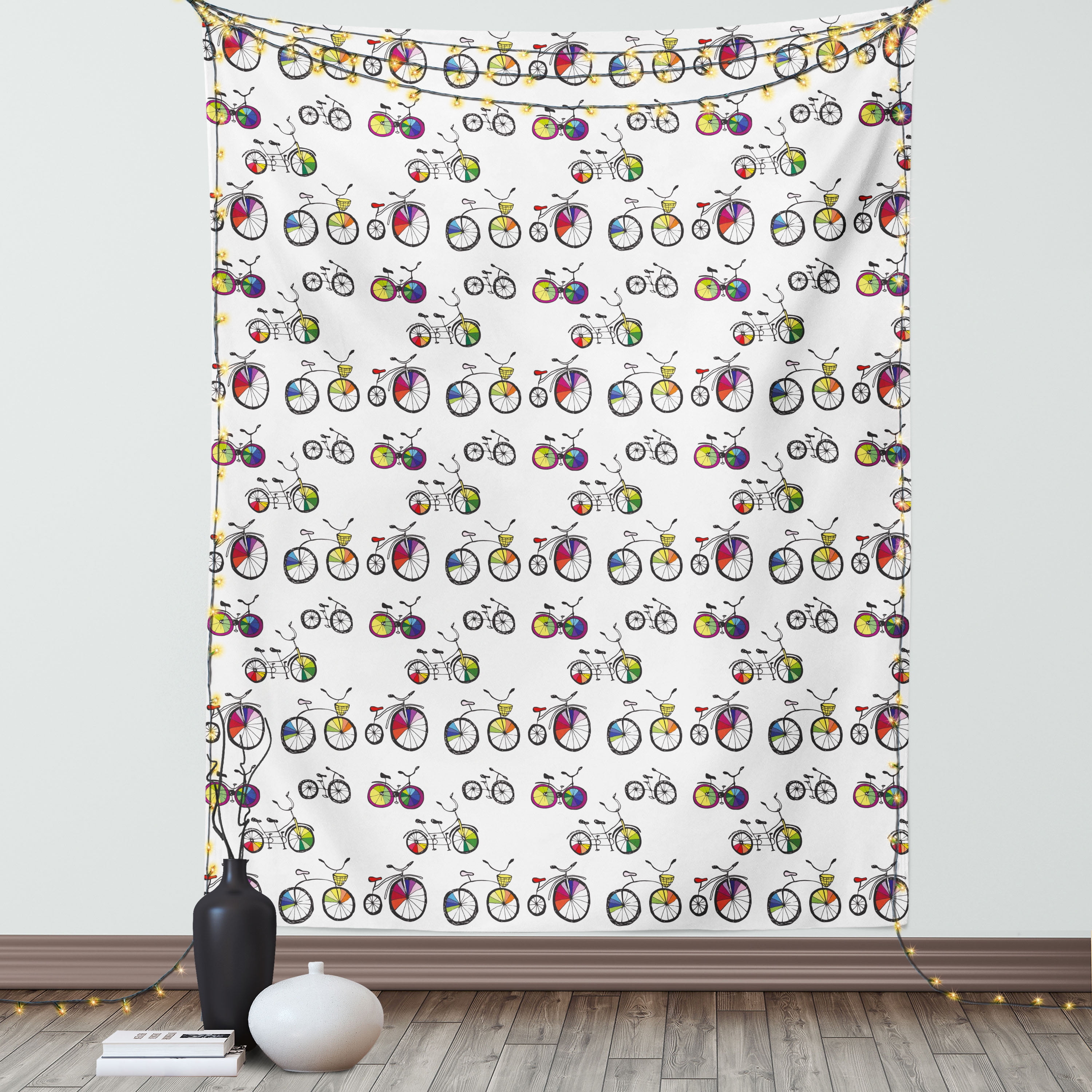 Bicycle Tapestry, Hand Drawn Penny-Farthing Tandem and City Bikes with ...
