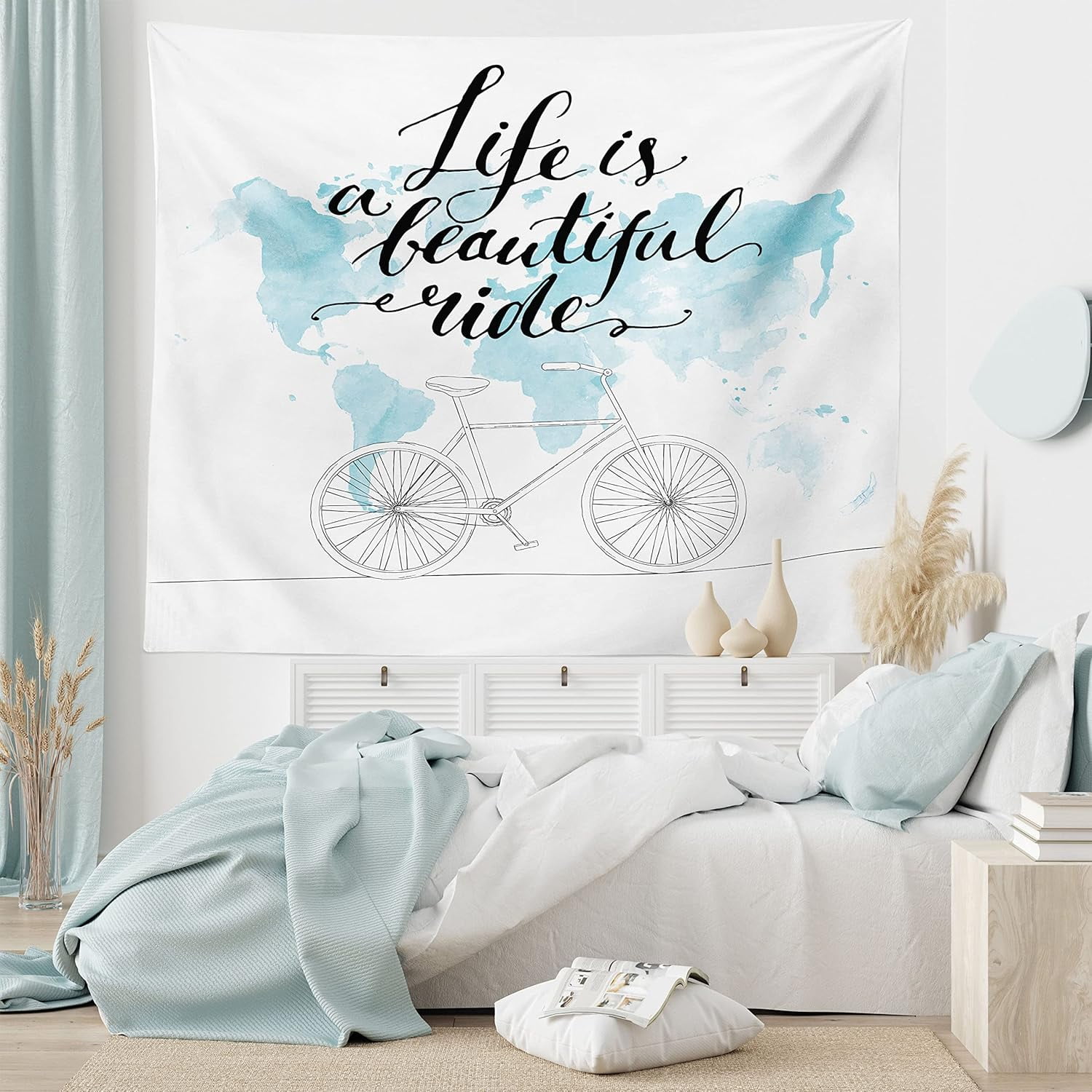 Bicycle Tapestry, Inspirational Lettering Cycling World Map Reflection ...