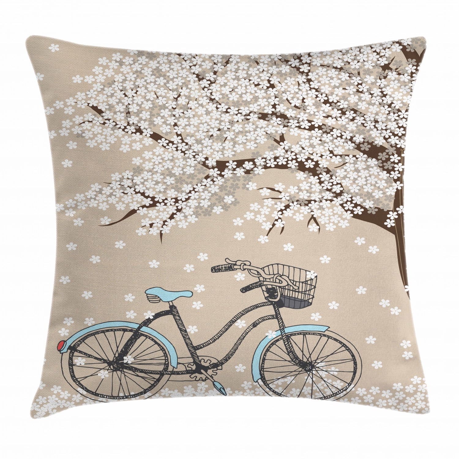 Bicycle Throw Pillow Cushion Cover, Blossoming Tree with Little White ...