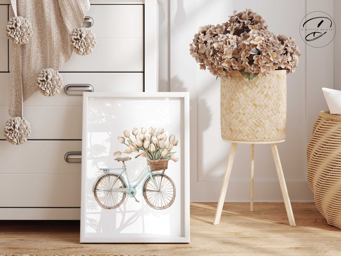 Bicycle Wall Art, Boho Nursery Print, Spring Flower Wall Art, Nursery ...