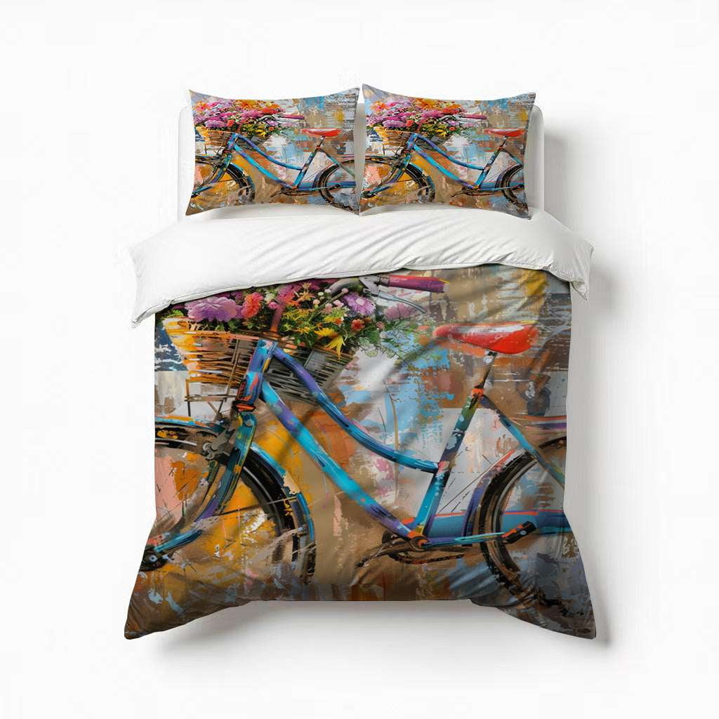 Bicycle With Basket Of Flowers Bedding Set 3 Pcs Soft Microfiber Quilt ...
