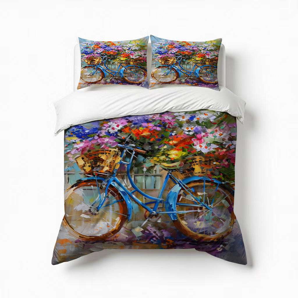 Bicycle With Basket Of Flowers Bedding Set 3 Pcs Soft Microfiber Quilt ...