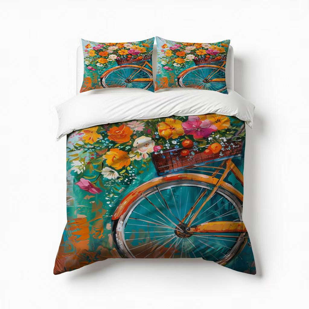 Bicycle With Basket Of Flowers Bedding Set 3 Pcs Soft Microfiber Quilt ...
