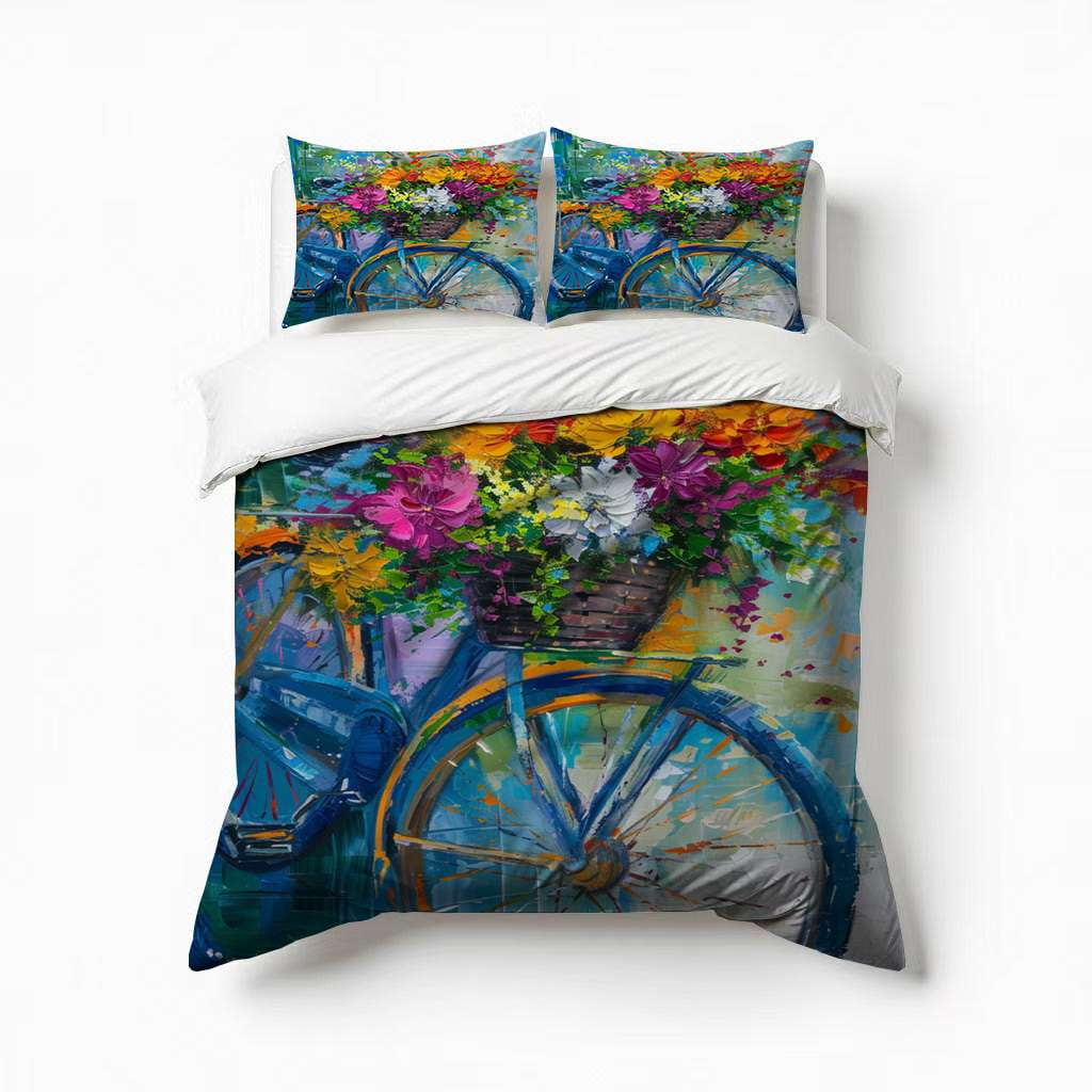 Bicycle With Basket Of Flowers Bedding Set 3 Pcs Soft Microfiber Quilt ...