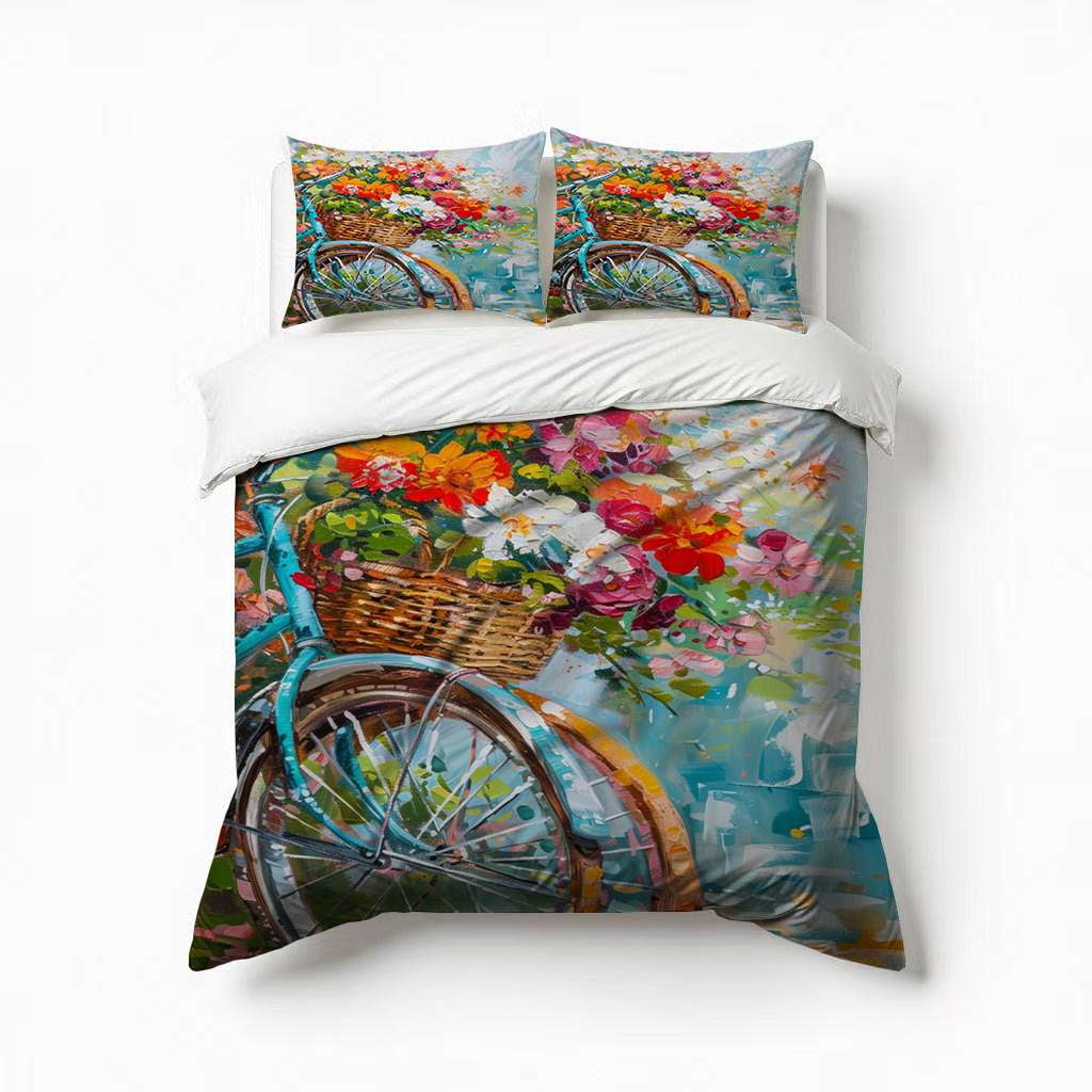 Bicycle With Basket Of Flowers Bedding Set 3 Pcs Soft Microfiber Quilt ...