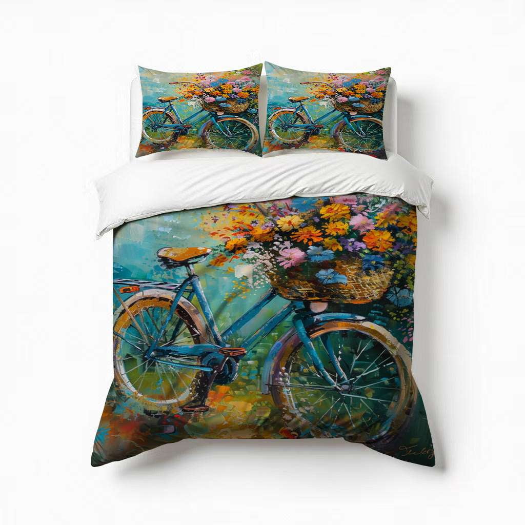 Bicycle With Basket Of Flowers Bedding Set 3 Pcs Soft Microfiber Quilt ...