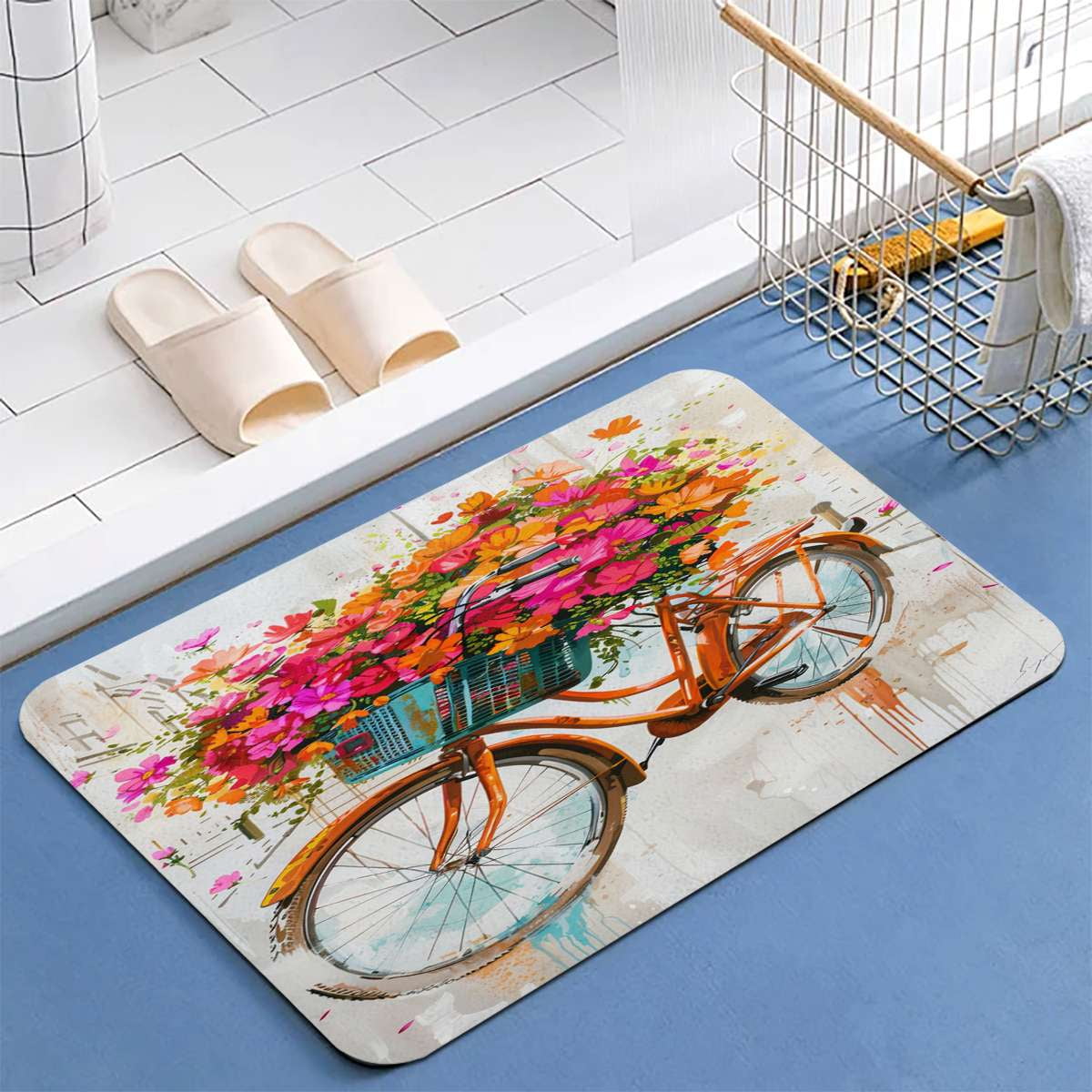 Bicycle With Basket Of Flowers Diatomite Bath Mats Bathroom Absorbent ...