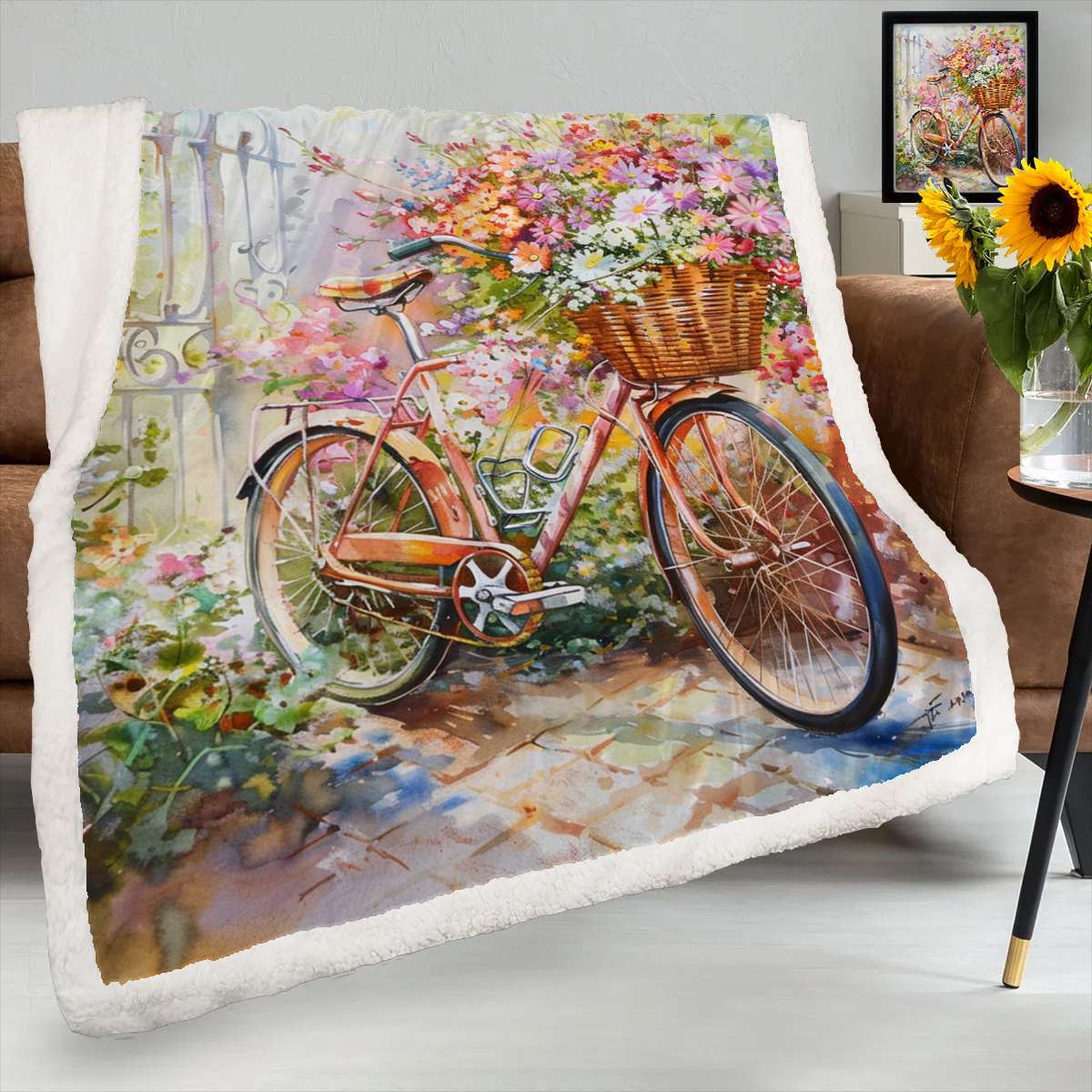 Bicycle With Basket Of Flowers Sherpa Blanket Throw Blanket For Bed ...
