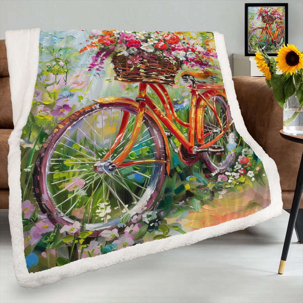 Bicycle With Basket Of Flowers Sherpa Blanket Throw Blanket For Bed Chair Sofa Blanket For Women ...