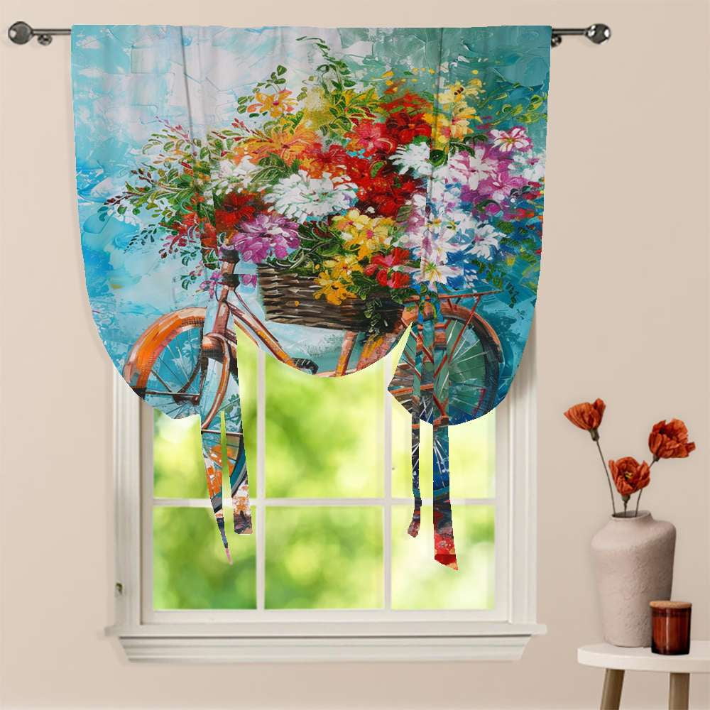 Bicycle With Basket Of Flowers Window Curtain for Living Room Roman Curtain Kitchen Tie-up ...