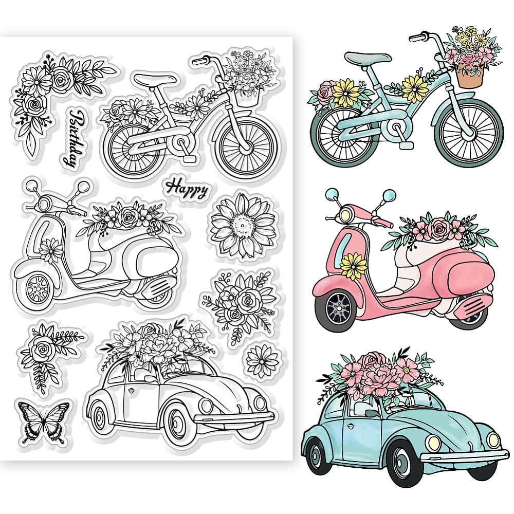Bicycle and Flower Clear Stamps for DIY Scrapbooking Motorcycle Bike ...