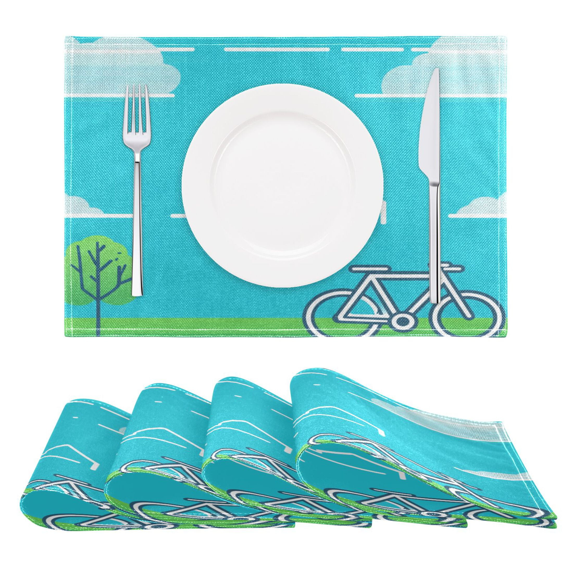 Bicycle and House in The Sky Reversible Placemat Set of 4 Non Slip ...