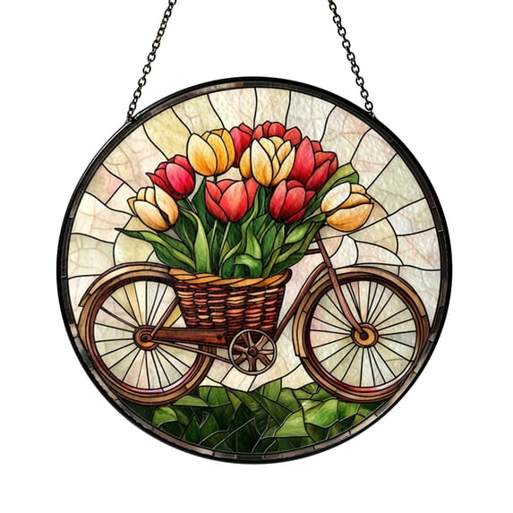 Bicycle with Tulips Acrylic Stained Glass Style Suncatcher, Spring ...