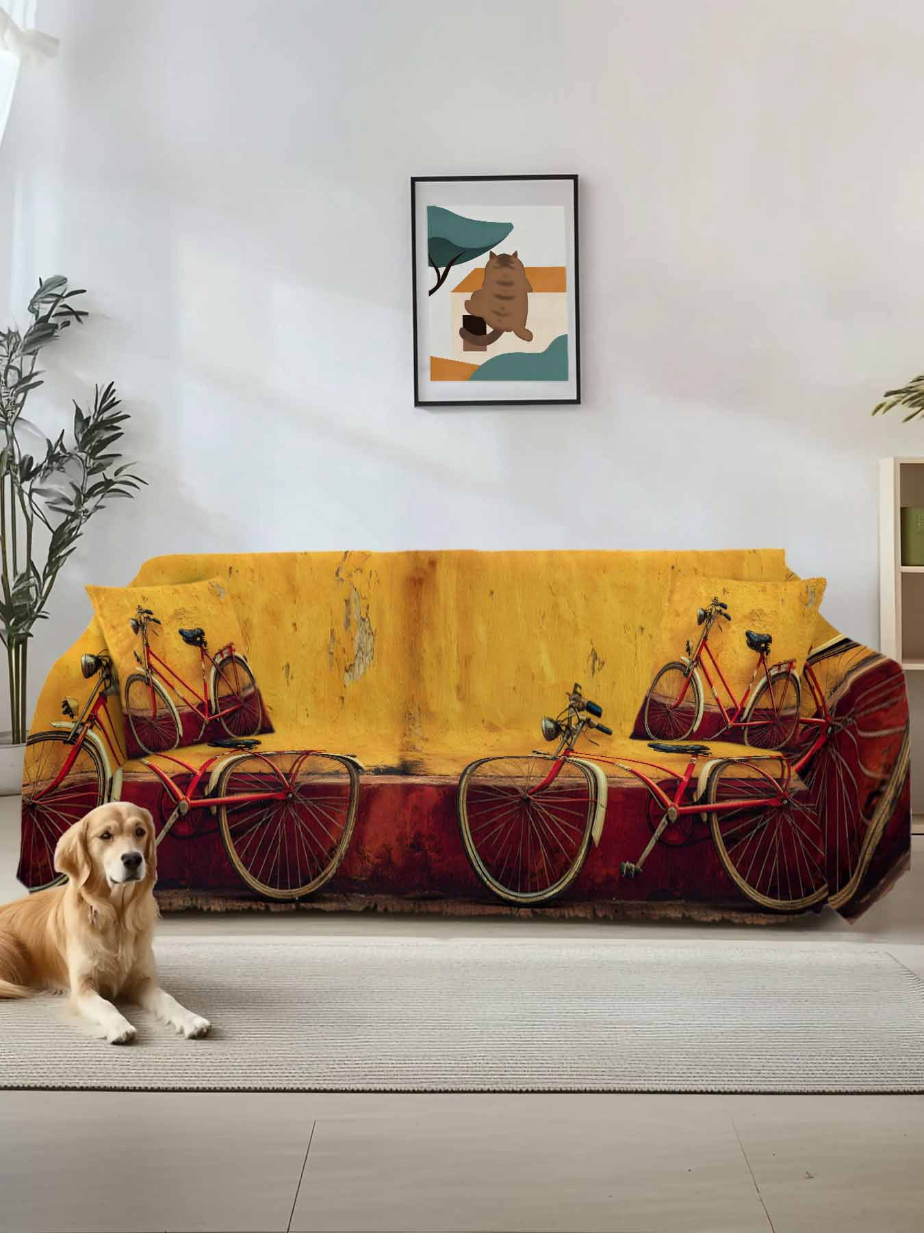 Bicycles Couch Cover for Dogs, Farmhouse Vintage Vehicle Yellow Broken ...