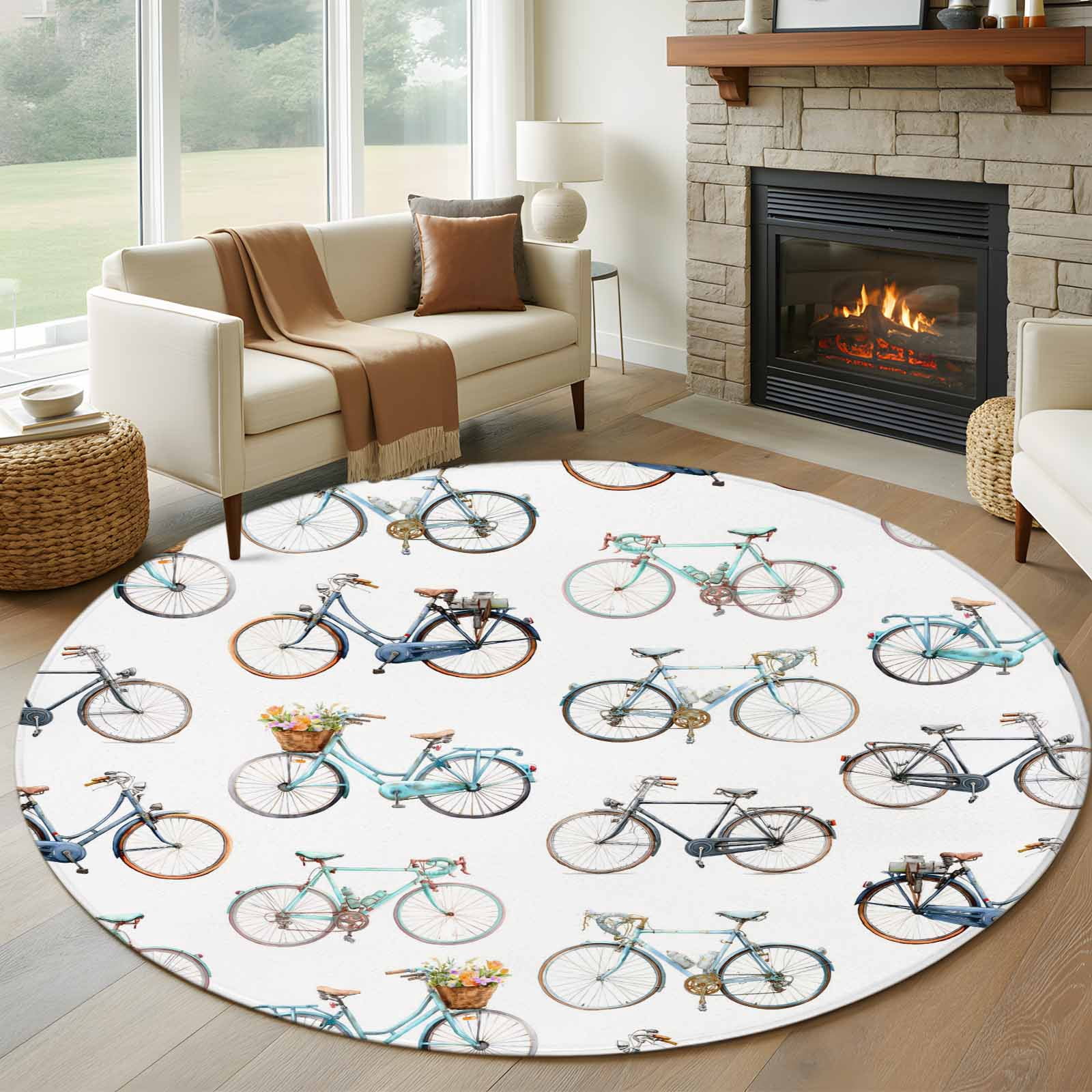 Bicycles Round Rug 8ft Washable Circle Rugs Non Slip White Vintage ...