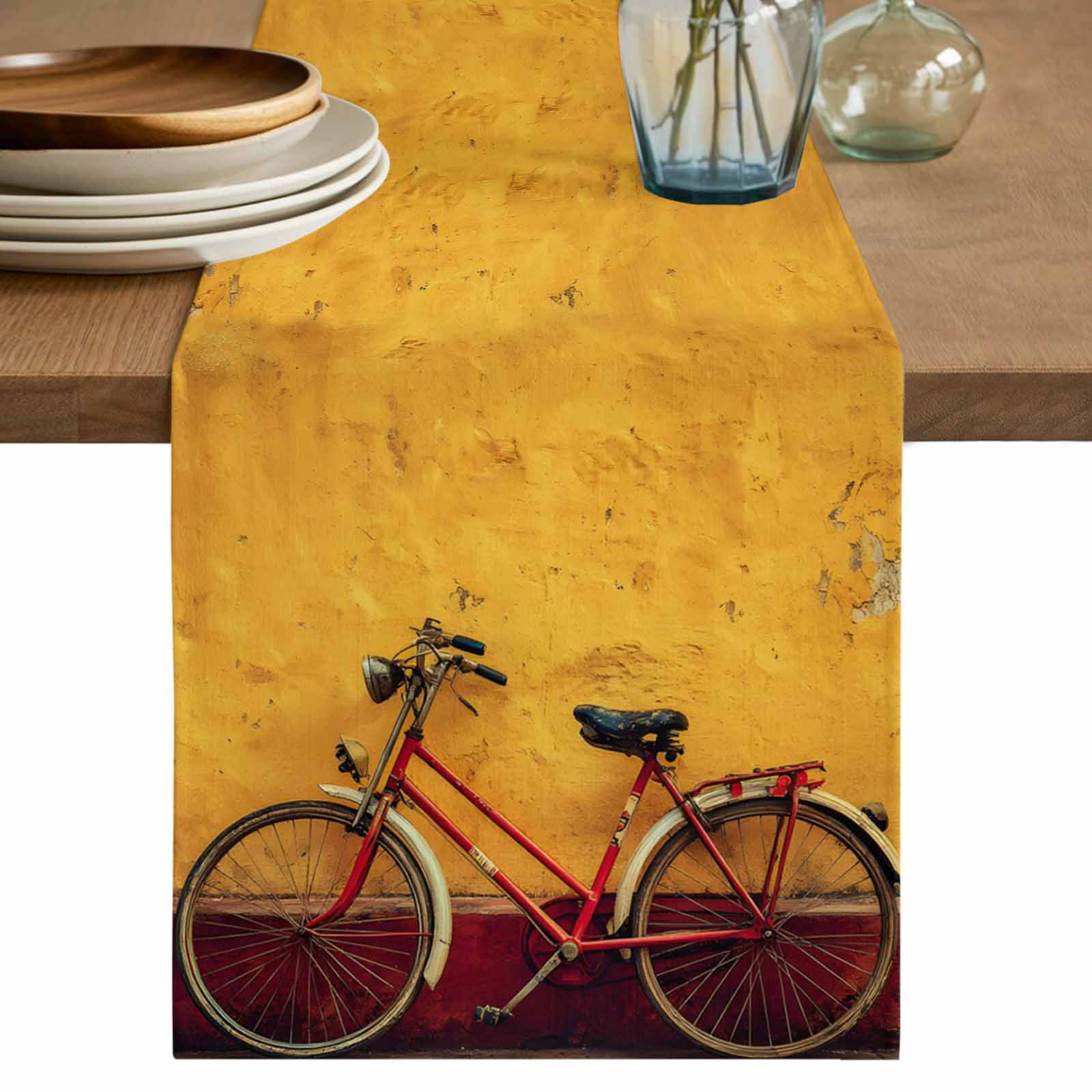 Bicycles Table Runner 72 Inches, Farmhouse Vintage Vehicle Yellow ...