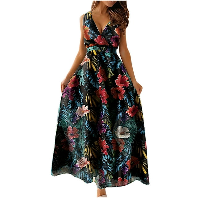 Bidobibo Womens Summer Maxi Dresses Tropical Print Beach Dresses V-Neck ...