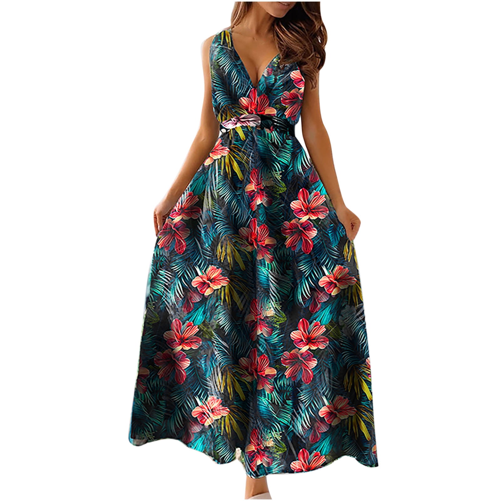 Bidobibo Womens Summer Maxi Dresses Tropical Print Beach Dresses V-Neck Sleeveless High Waist ...