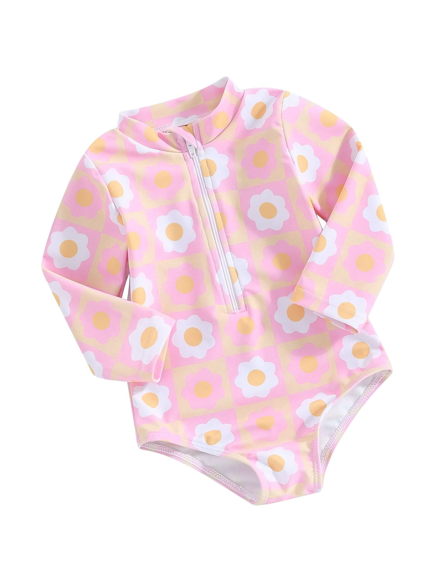 Biekopu Baby Girl Swimsuit Long Sleeve Round Neck Flower Print Zip Up ...