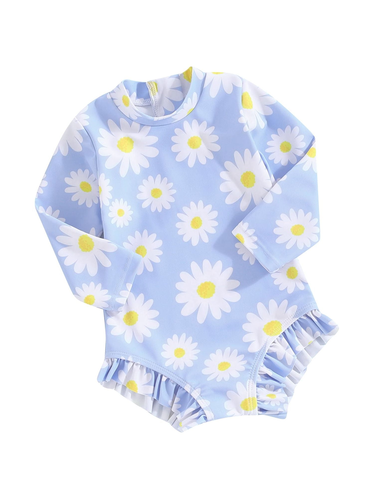 Biekopu Baby Girl Swimsuit Long Sleeve Round Neck Flower Print Zip Up ...