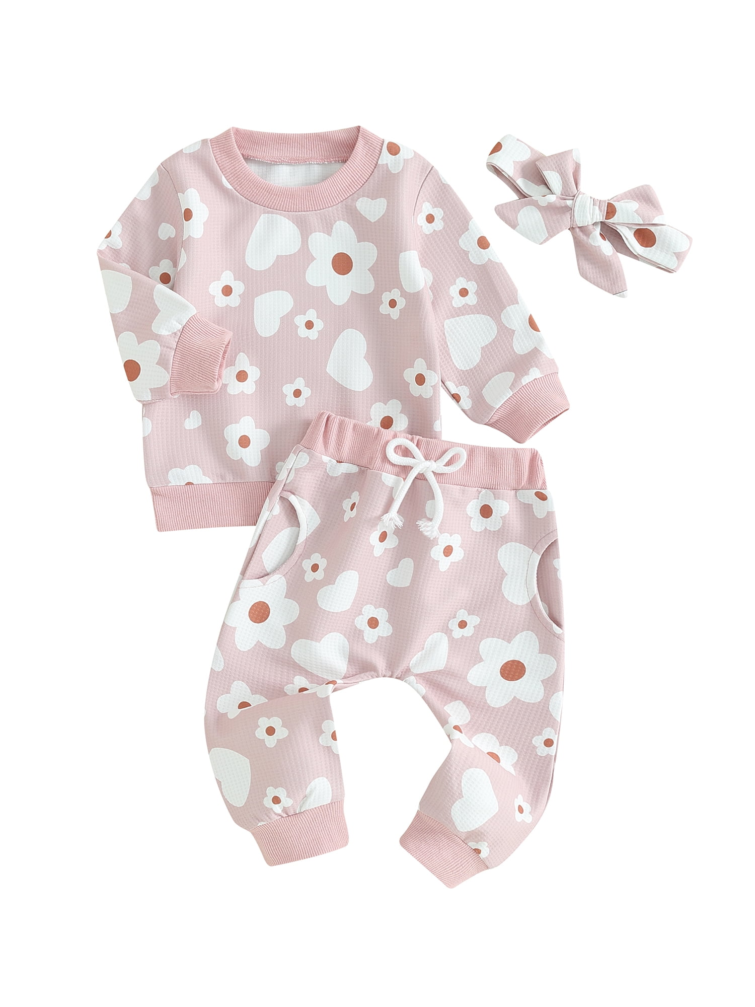 Biekopu Baby Girl Valentine’s Day Outfits Long Sleeve Floral Print Sweatshirt + Pants + Headband ...