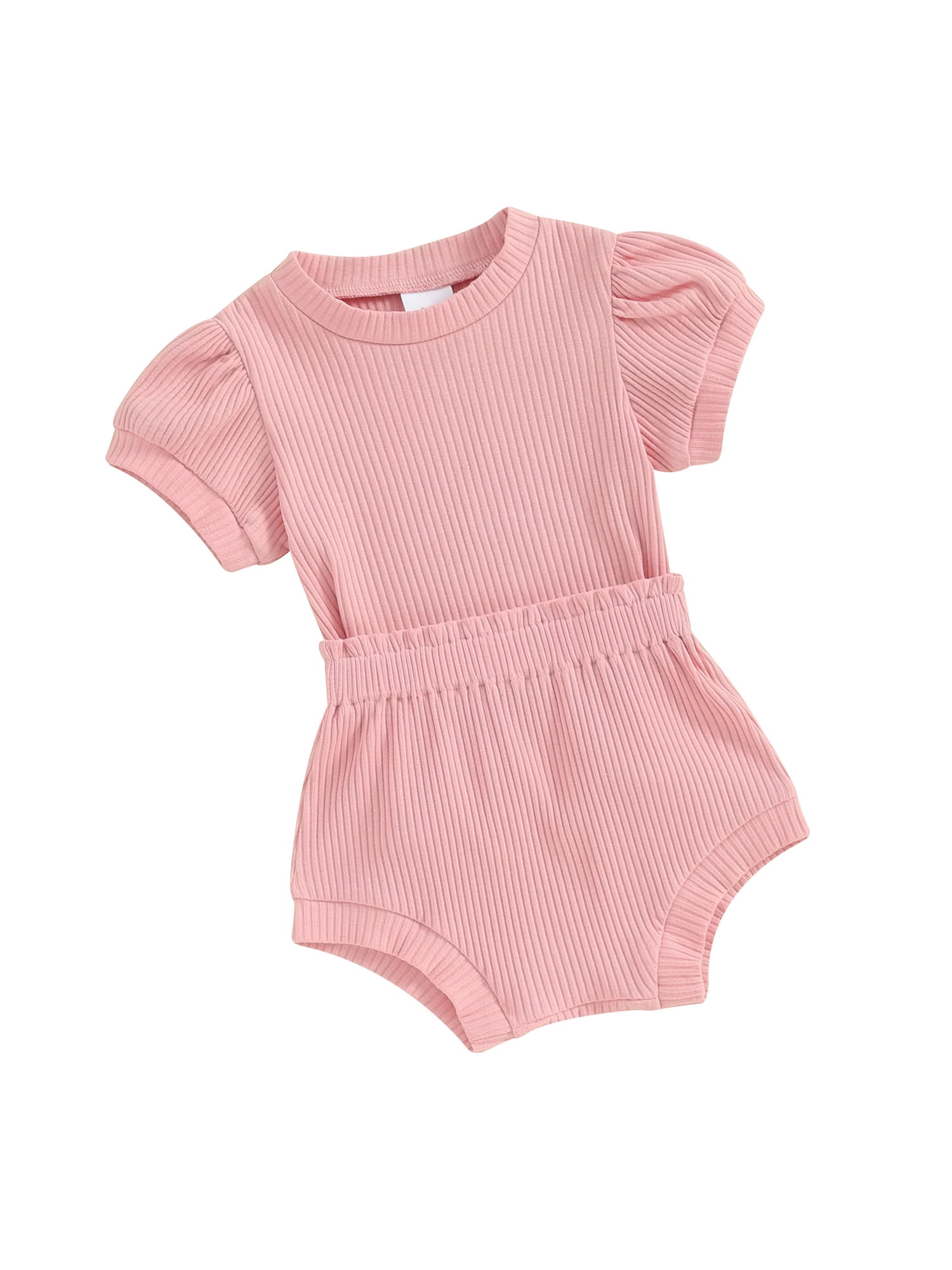 Biekopu Baby Girls 2 Piece Outfit Solid Color Ribbed Short Sleeve T ...