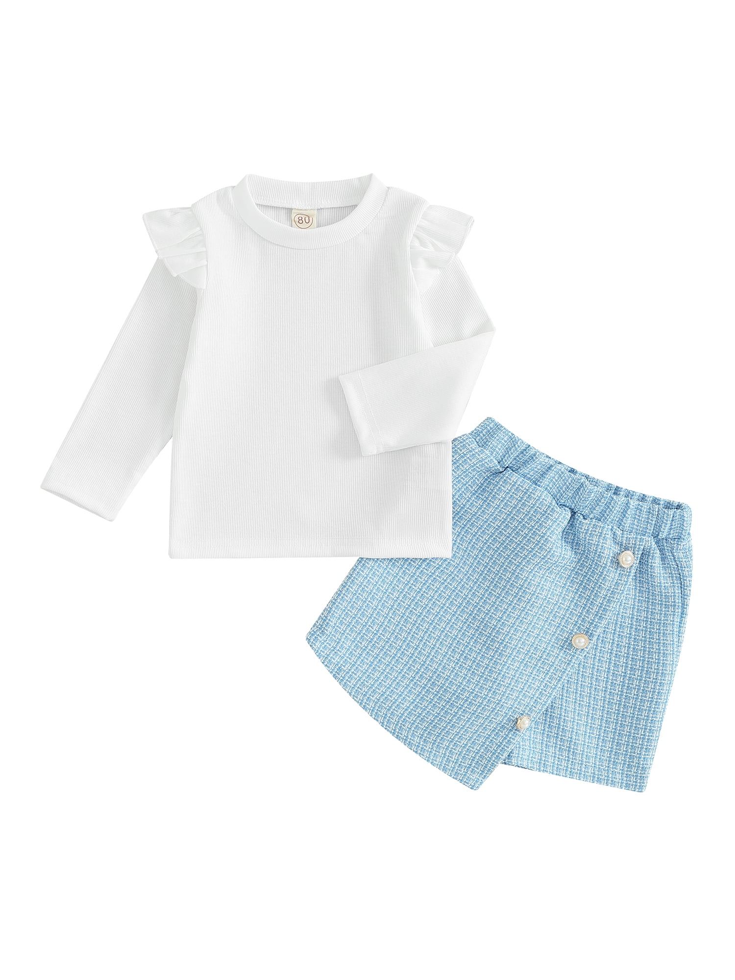 Biekopu Kids Girl Fall Outfits Solid Color Ribbed Crew Neck Long Sleeve ...