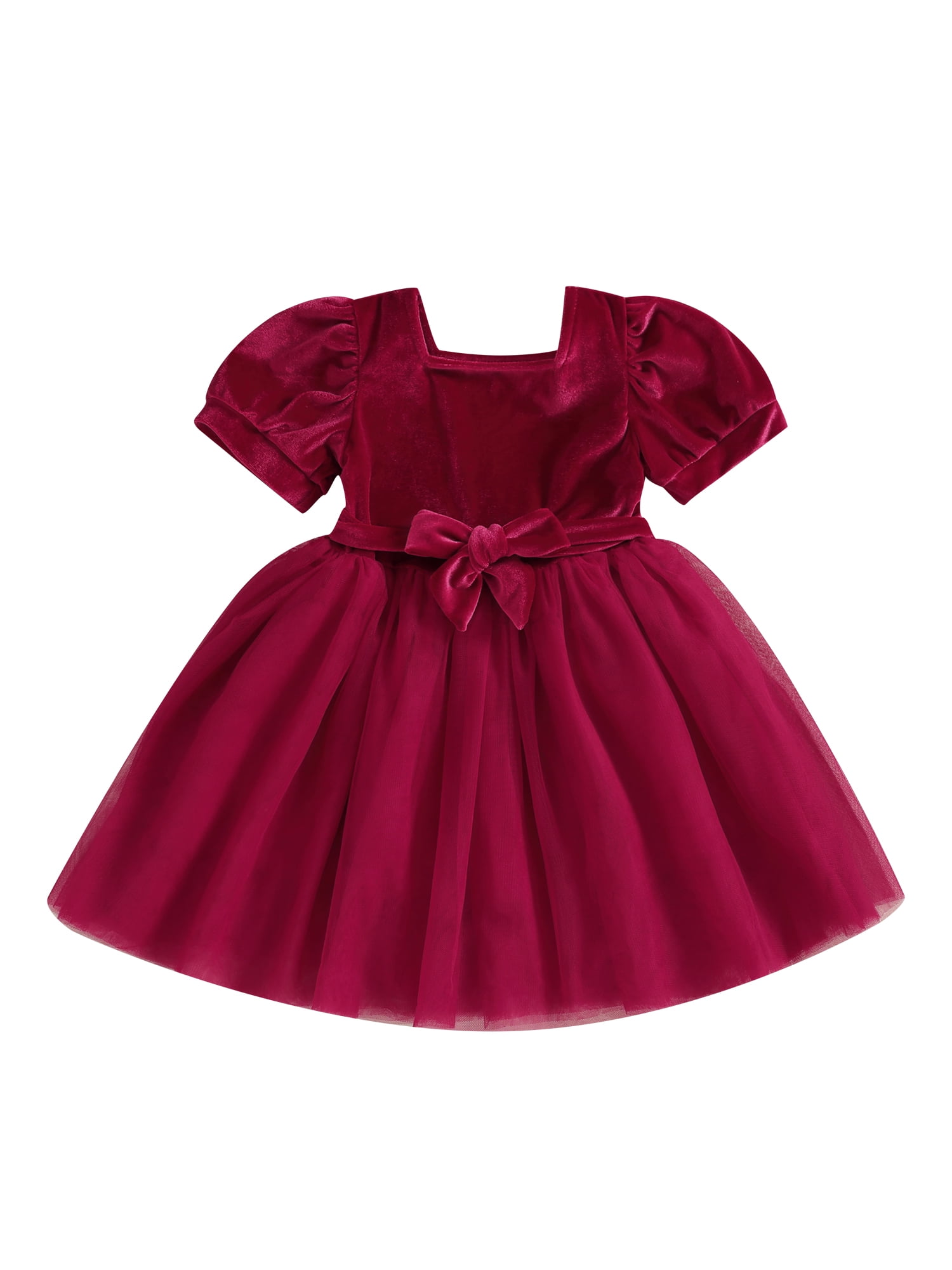 Biekopu Kids Girls Dress Solid Color Square Neck Short Puff Sleeve ...