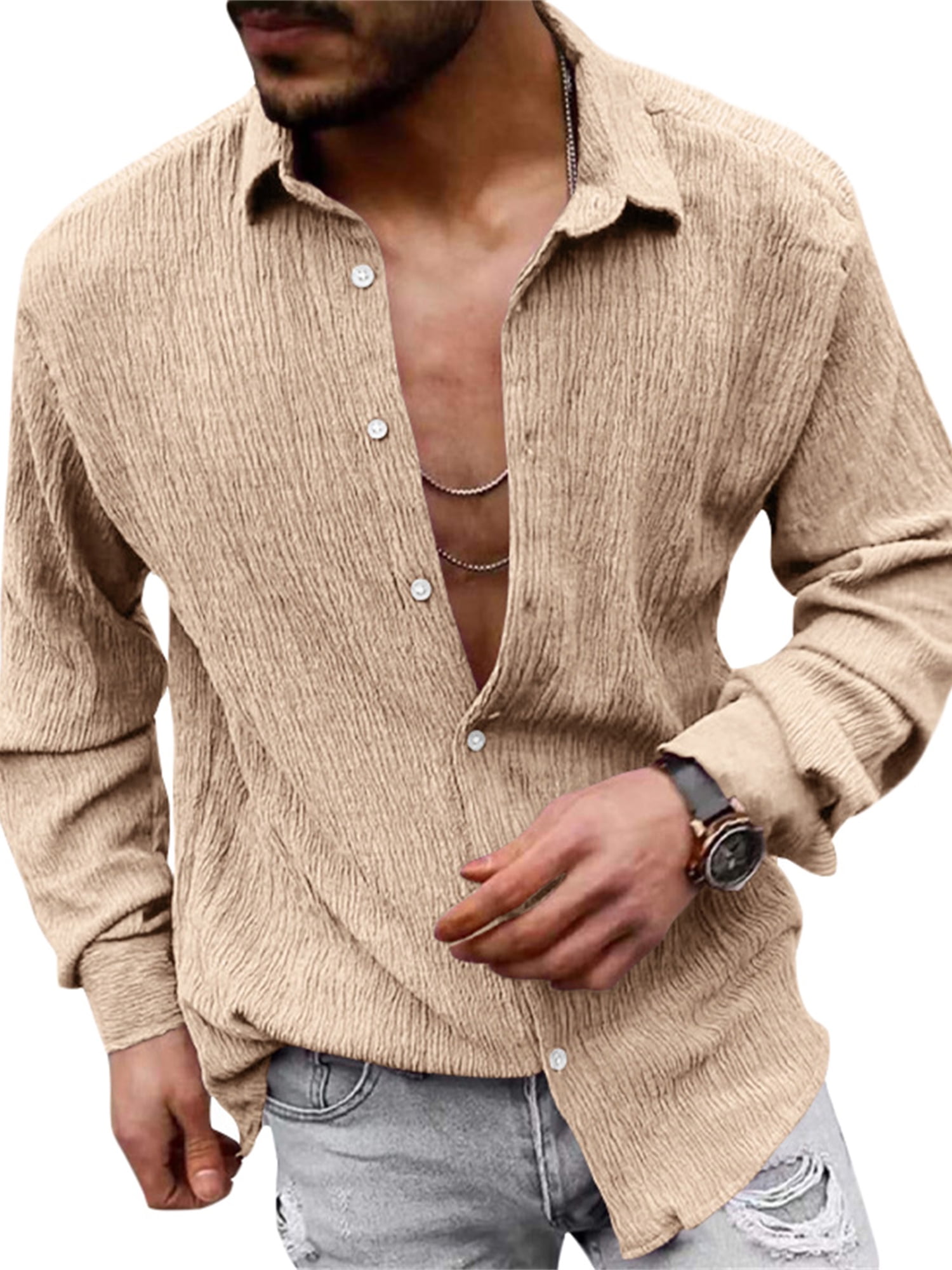 Biekopu Men Button Down Linen Shirts Casual Long Sleeve Lapel Collar ...