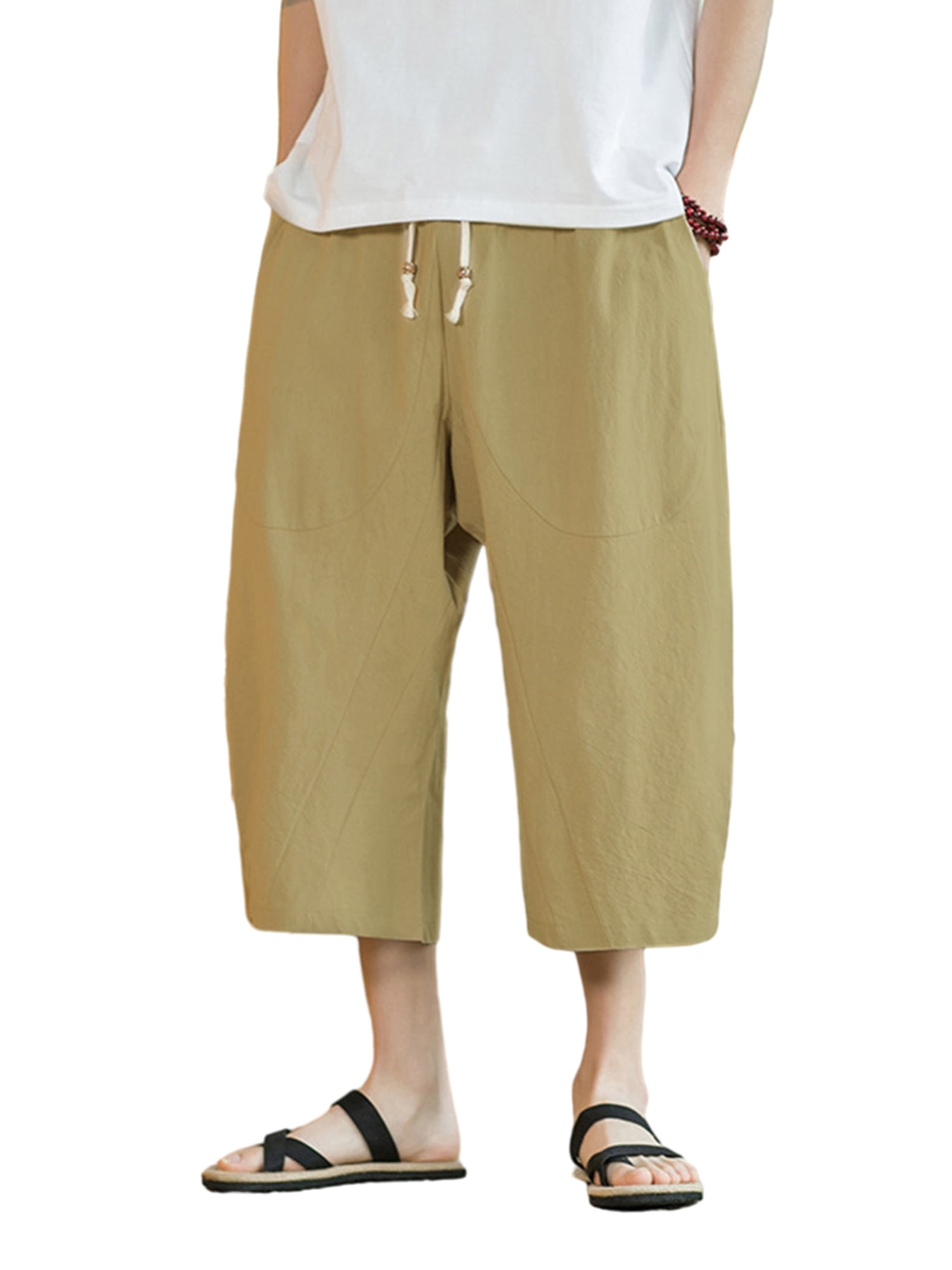 Biekopu Men's Linen Capri Pants Casual Drawstring Yoga Pants Baggy ...