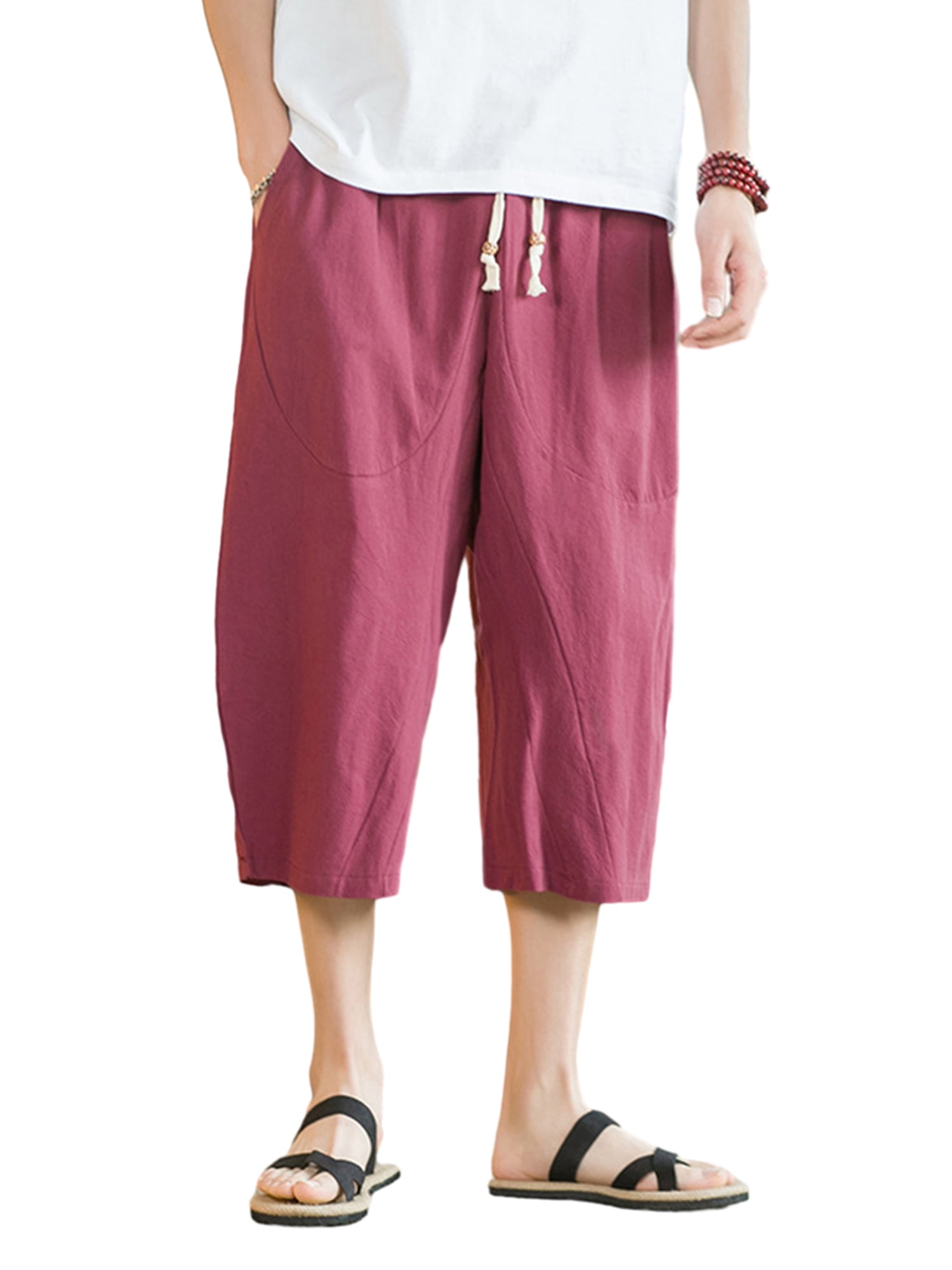 Biekopu Men's Linen Capri Pants Casual Drawstring Yoga Pants Baggy ...