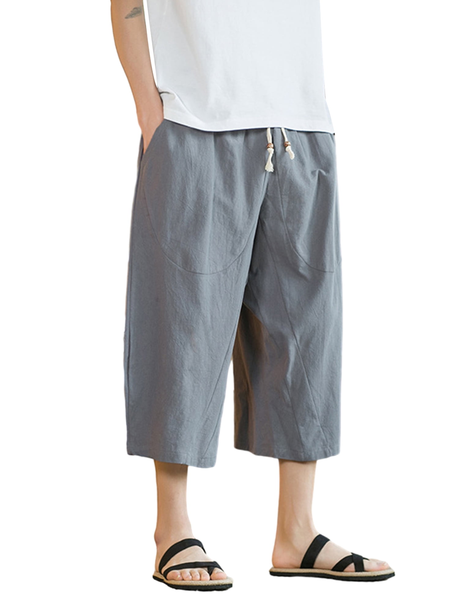 Biekopu Men's Linen Capri Pants Casual Drawstring Yoga Pants Baggy ...