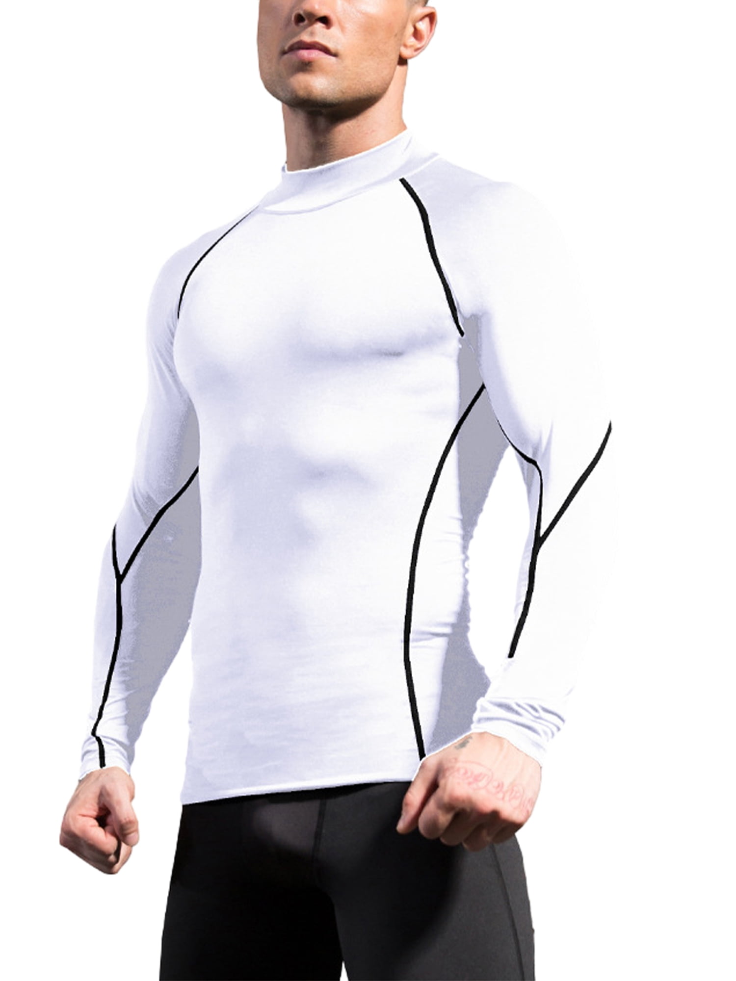 Biekopu Men’s Long Sleeve Workout Tops Mock Neck Slim Fit Compression ...