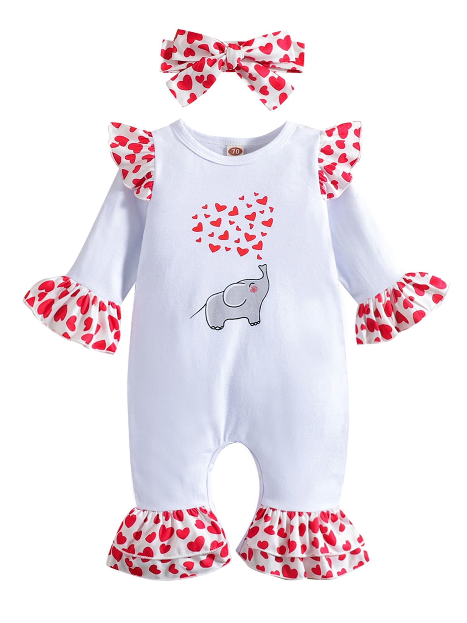 Biekopu My First Valentines Day Baby Girl Outfit Heart Elephant Print Jumpsuit Flare Pants Bell ...