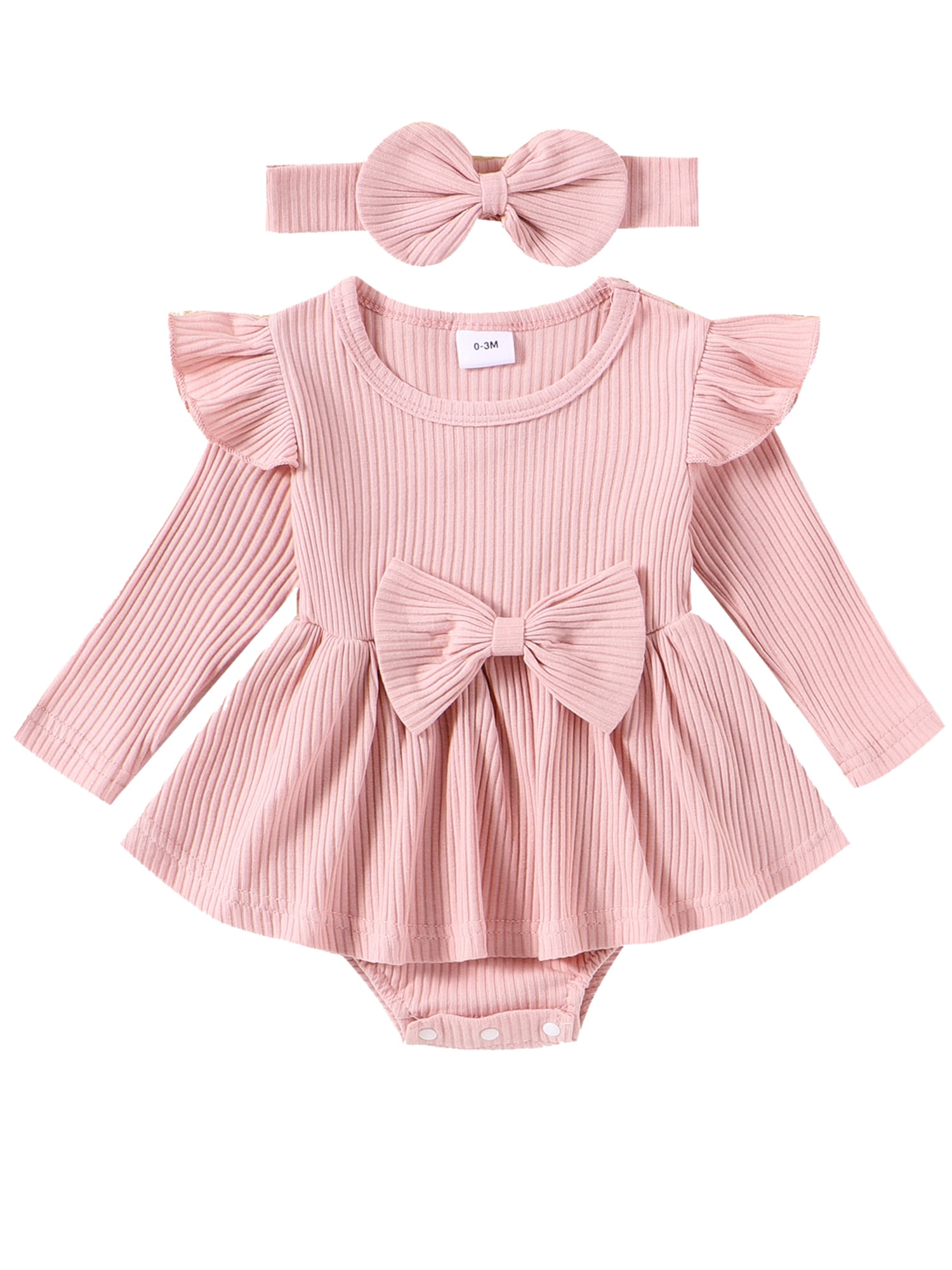 Biekopu Newborn Girl Outfit, Long Sleeve Crew Neck Bow A-line Romper ...
