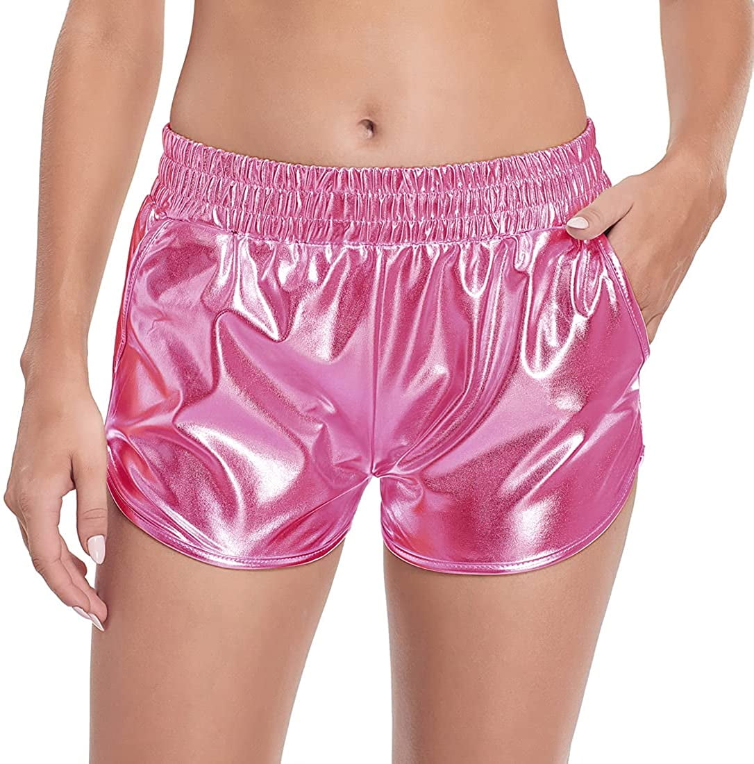 Biekopu Shiny Metallic Rave Booty Dance Shorts For Women Elastic Waist