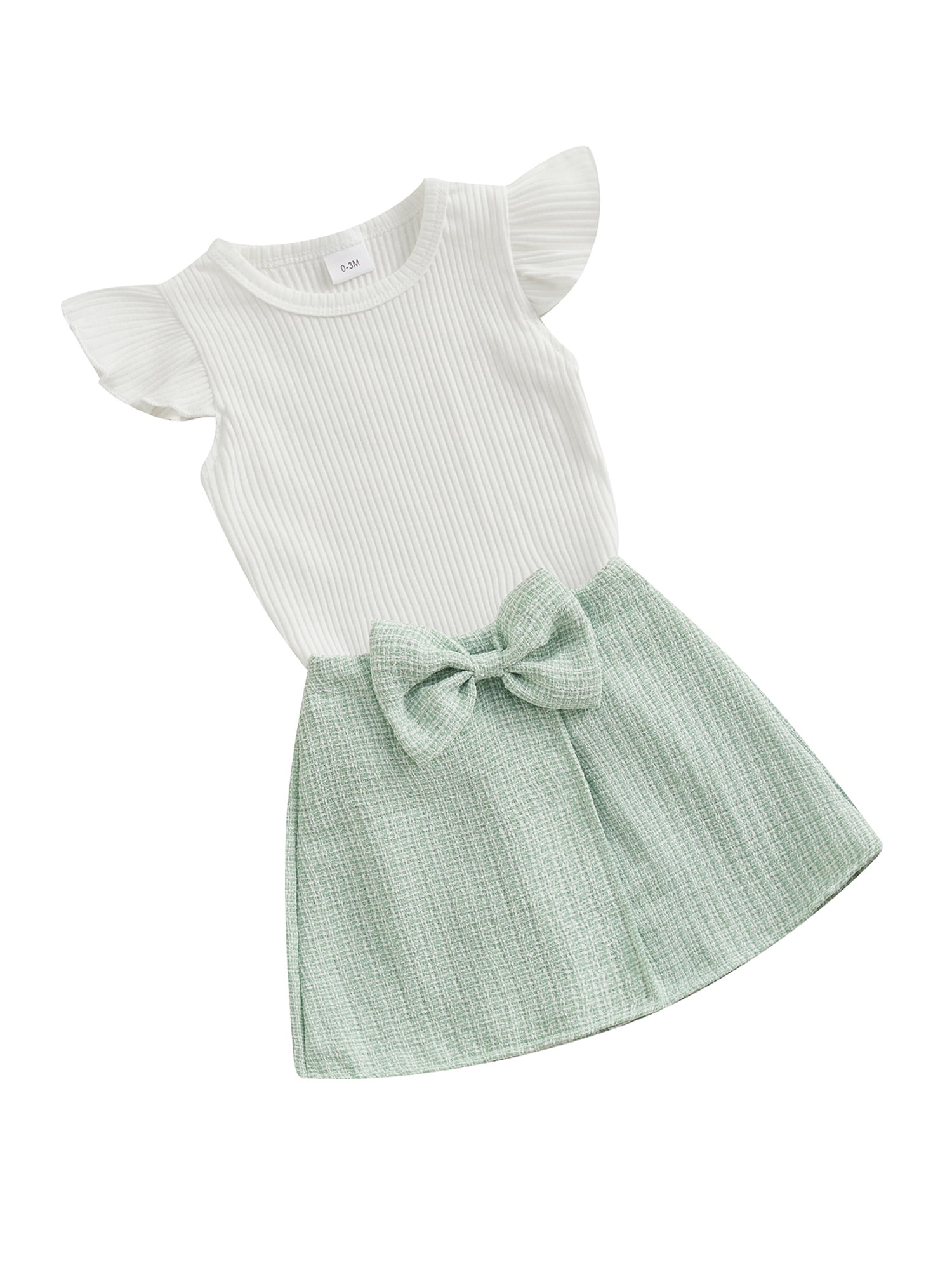 Biekopu Toddler Girl Summer 2Pcs Outfit Solid Color Fly Sleeve Ribbed ...