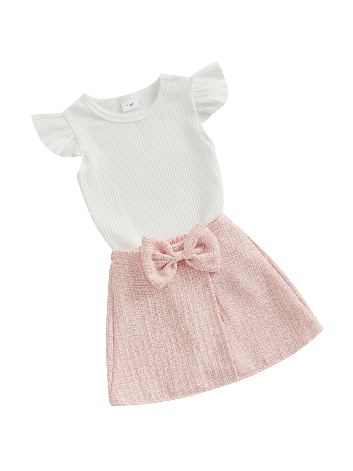 Biekopu Toddler Girl Summer 2Pcs Outfit Solid Color Fly Sleeve Ribbed ...