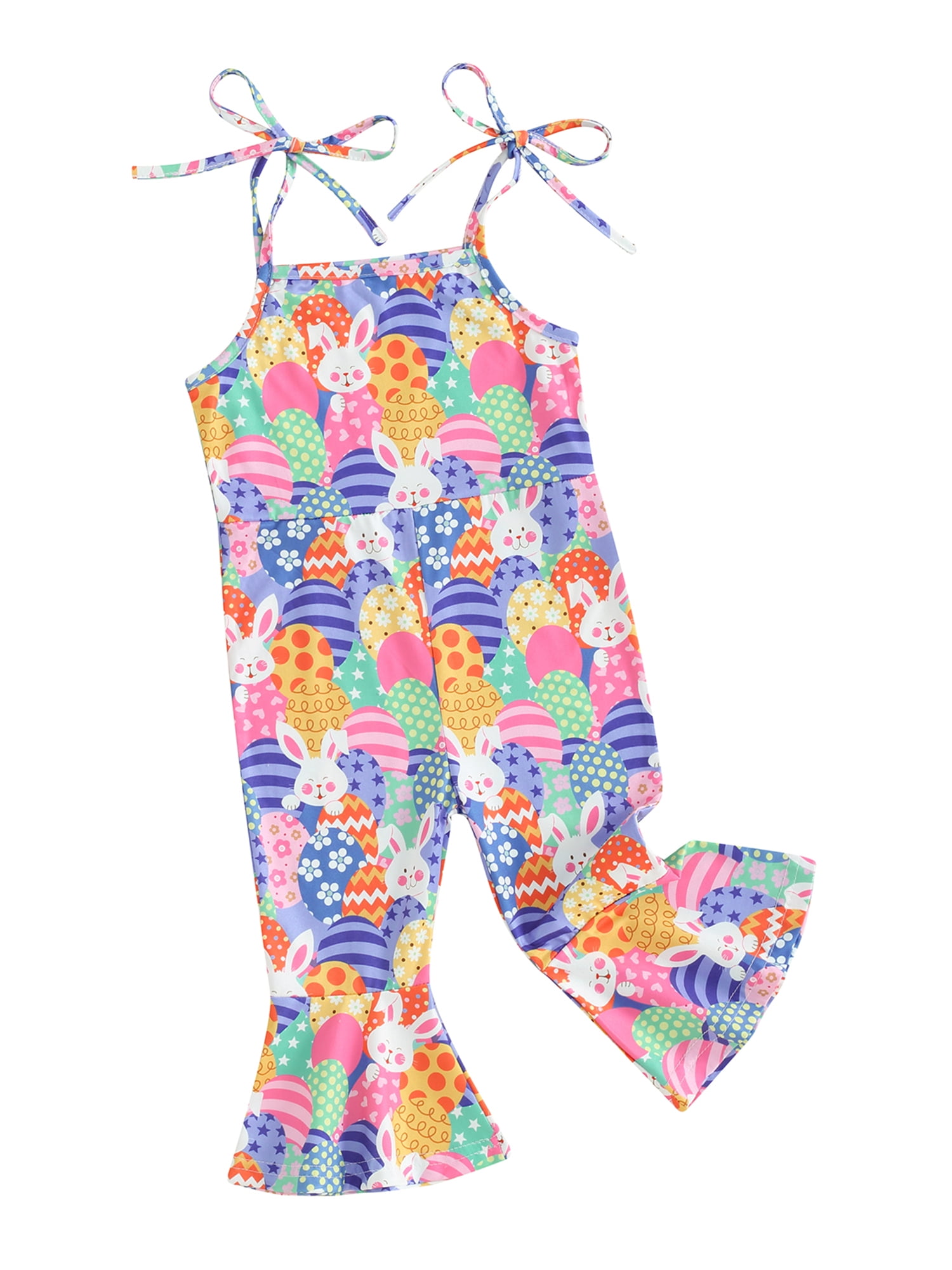 Biekopu Toddler Girls Romper Jumpsuit Sleeveless Spaghetti Strap Easter Egg Rabbit Print Bell ...