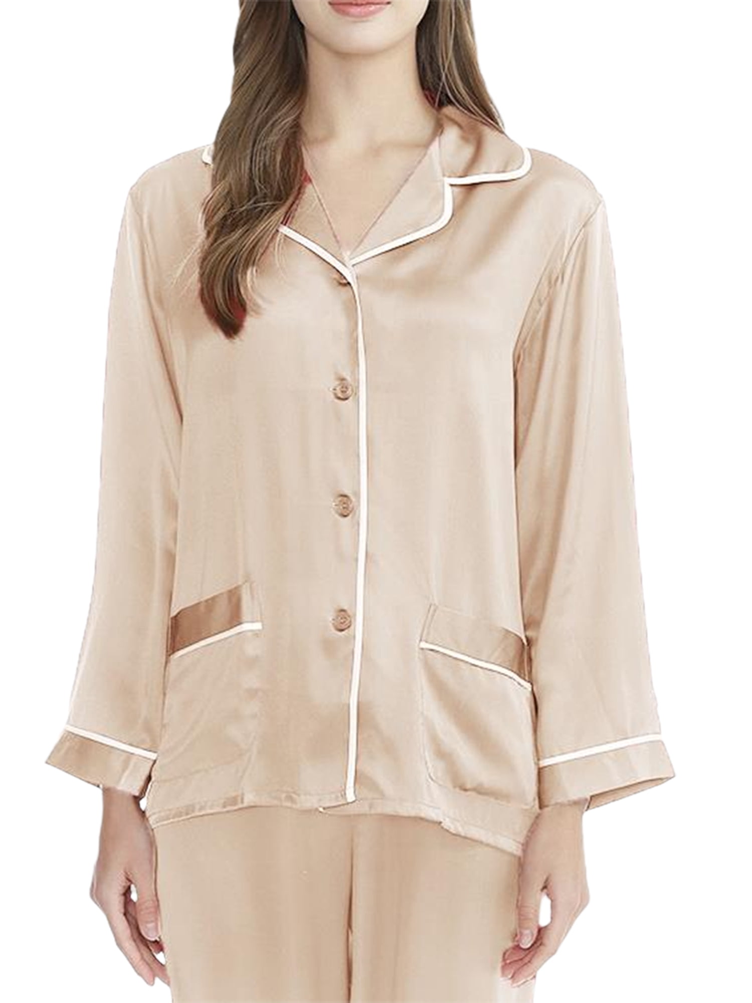 Biekopu Women 2 Piece Pajama Set Satin Long Sleeve Shirt and Solid ...