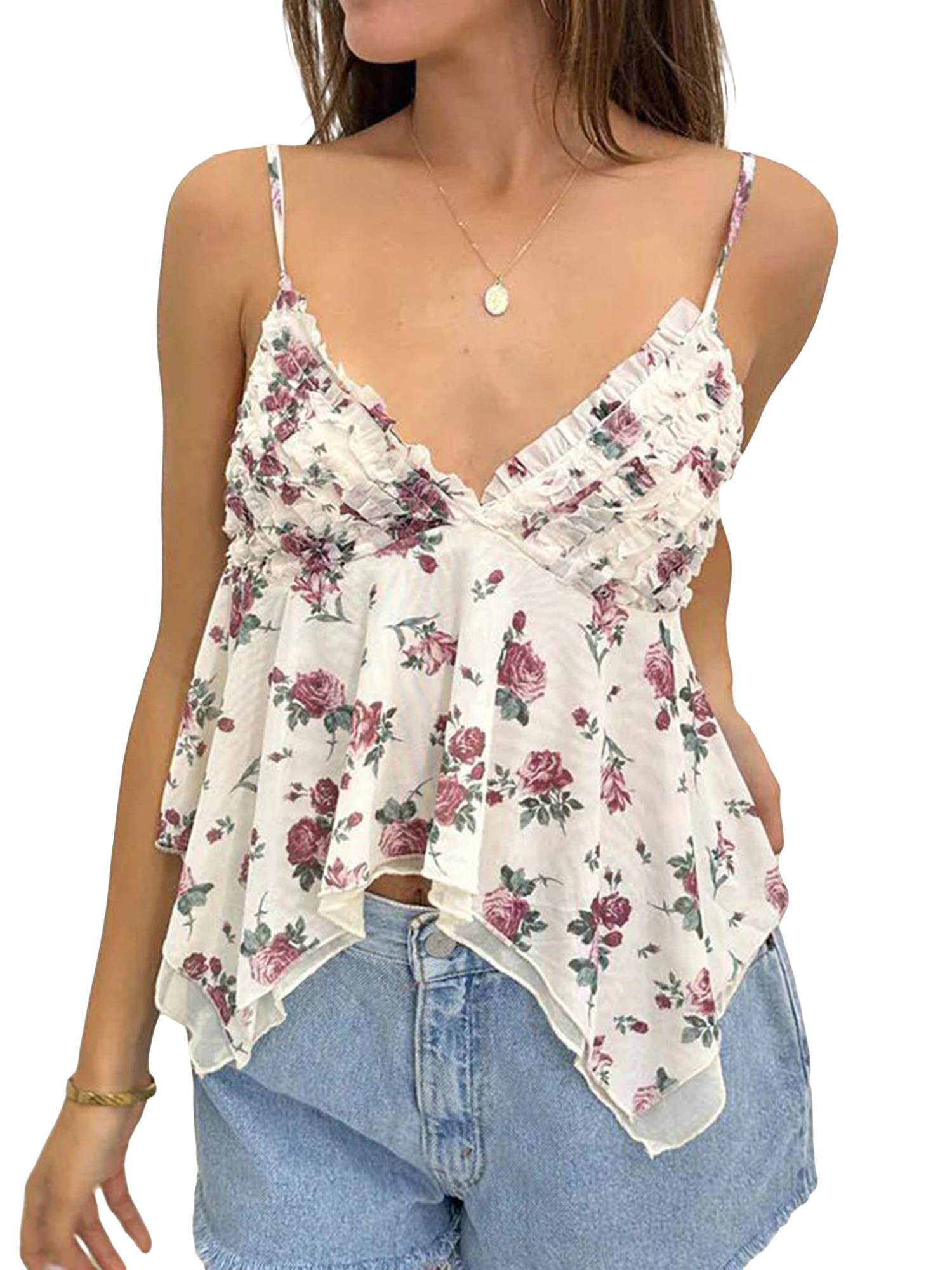 Biekopu Women Camisole, Sleeveless Tops V-neck Backless Flower Print ...