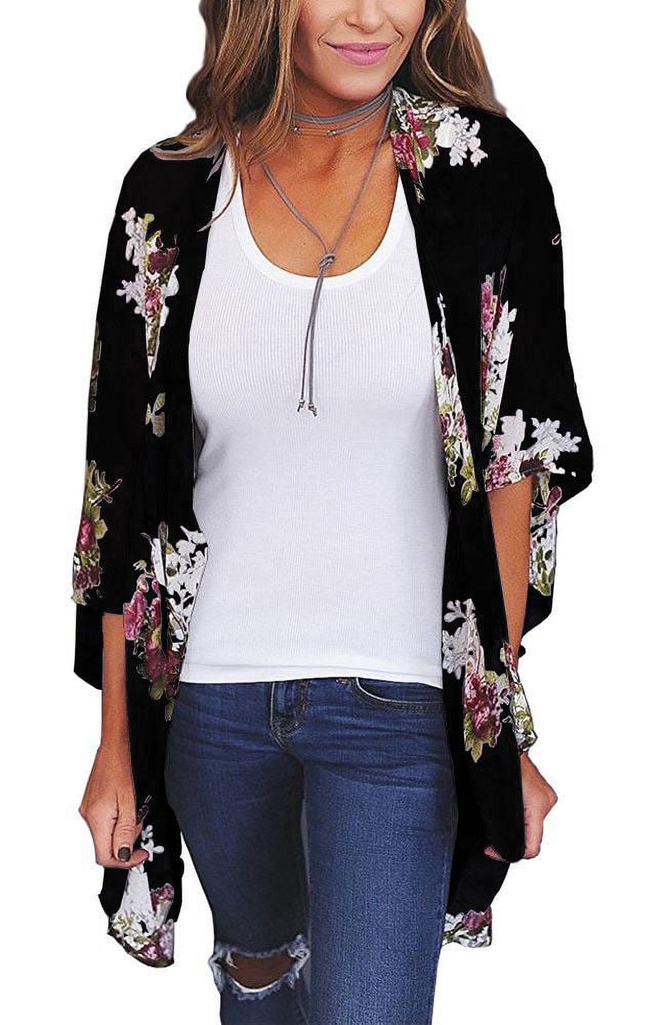 Biekopu Women Cover Up Kimono Cardigan Rose Pattern Long Sleeve Beach ...