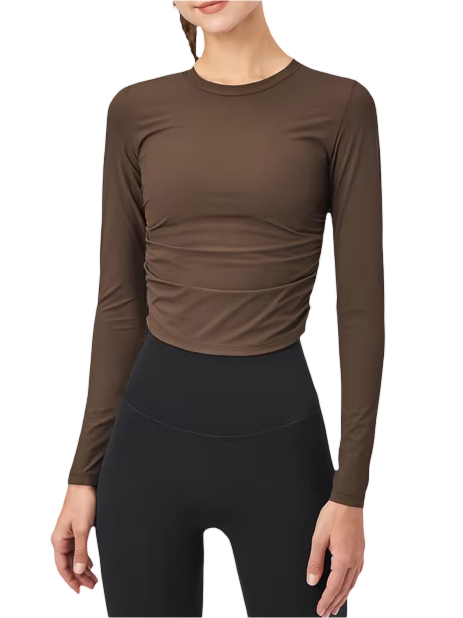 Biekopu Women Cropped Workout Tops Solid Color Ruched Long Sleeve Yoga ...