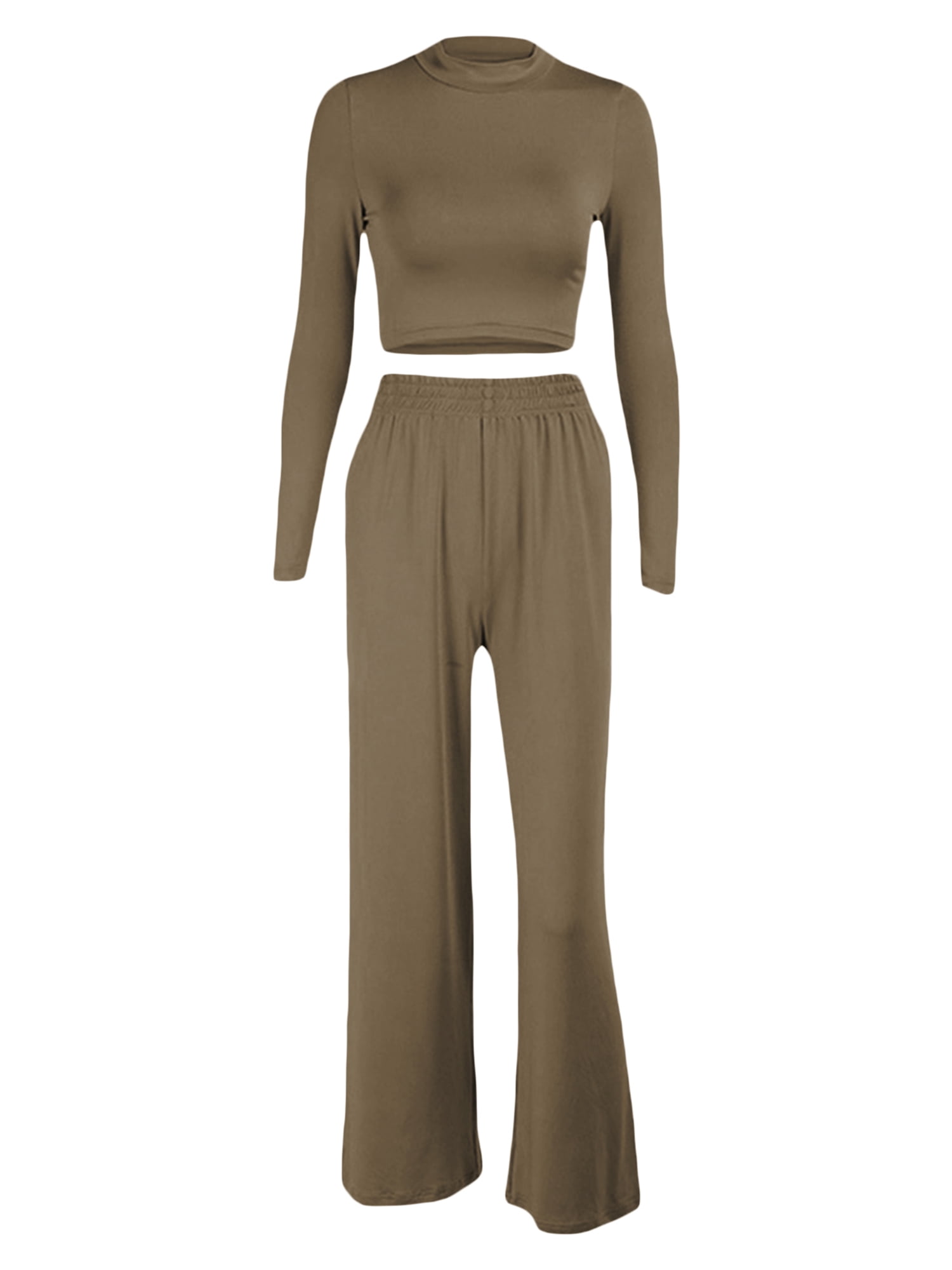 Biekopu Women Fall Pants Outfits Solid Color Mock Neck Long Sleeve Crop ...