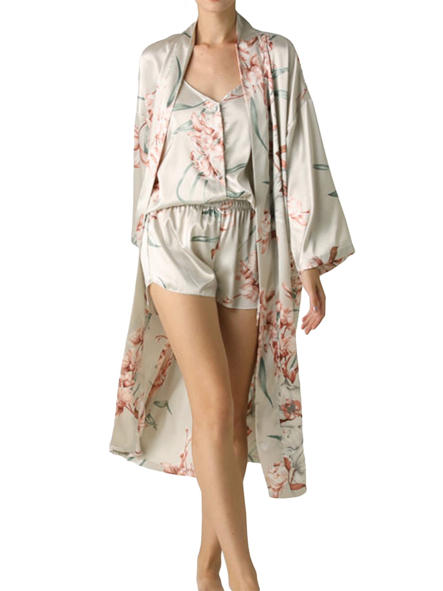 Biekopu Women Ice Silk Pajamas Set 3 Pieces Lounge Suits With Open