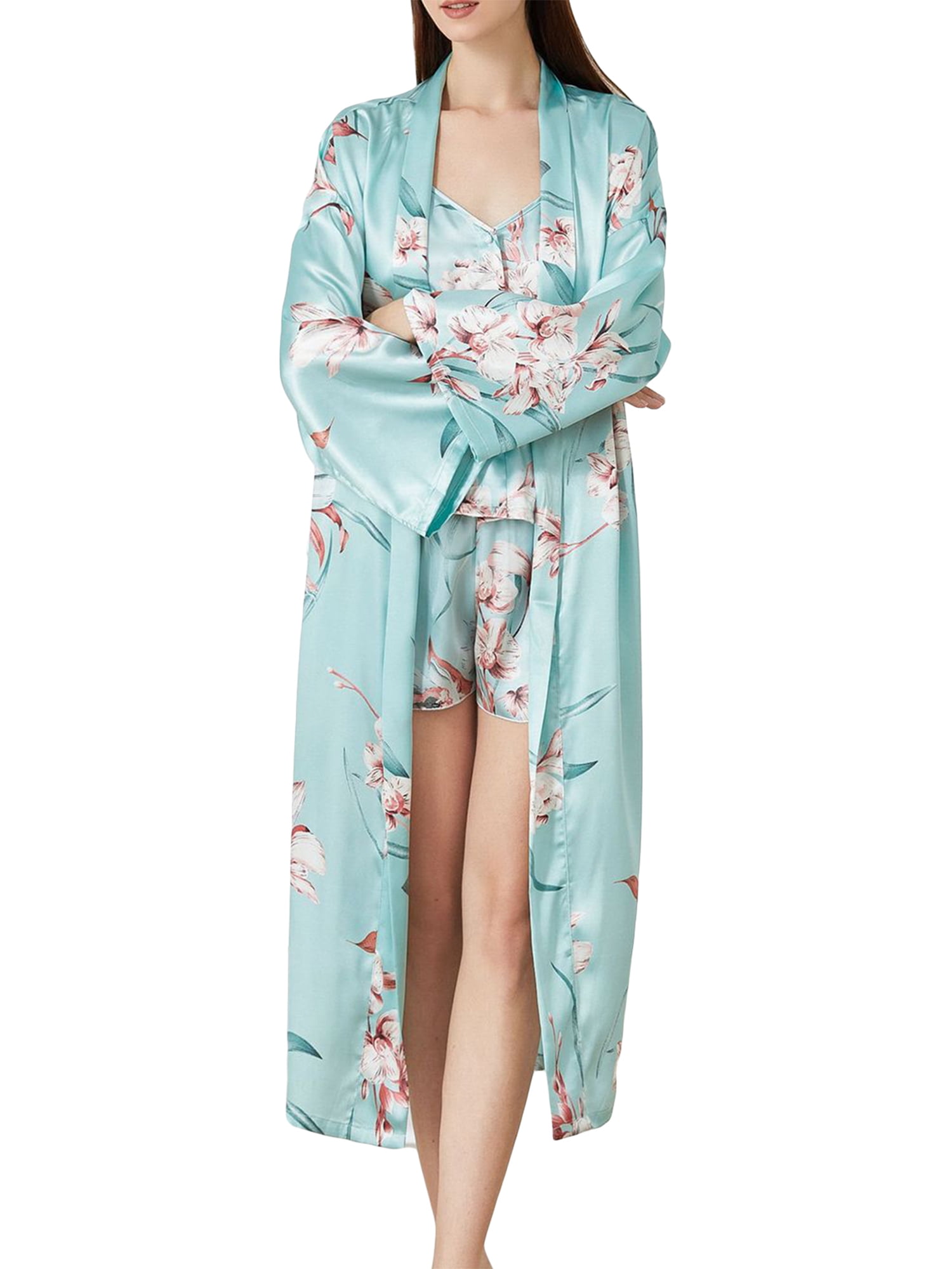 Biekopu Women Ice Silk Pajamas Set 3 Pieces Lounge Suits with Open ...